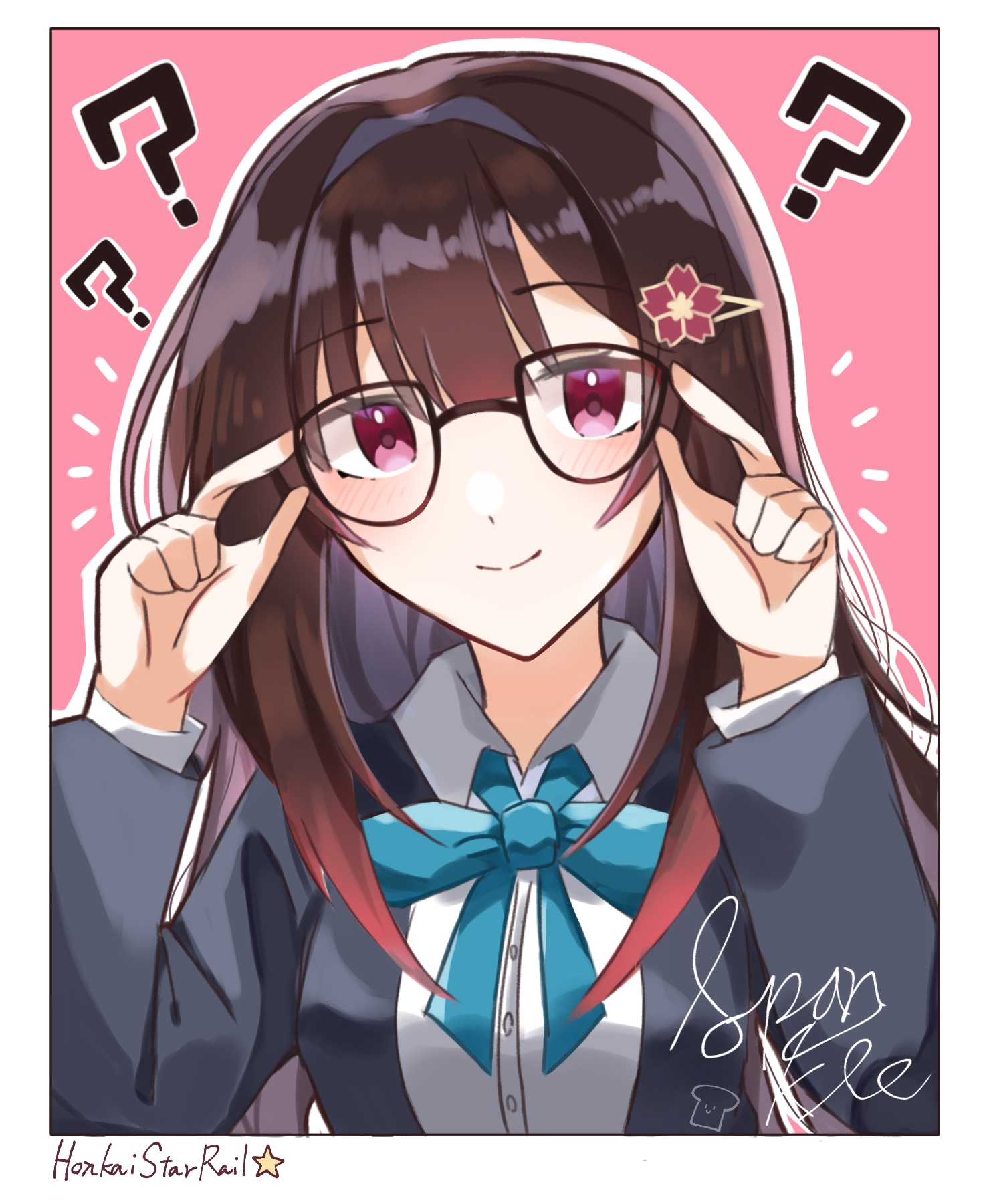 Safebooru - 1girl ? black-framed eyewear black jacket blazer blue bow blue bowtie blush border ...