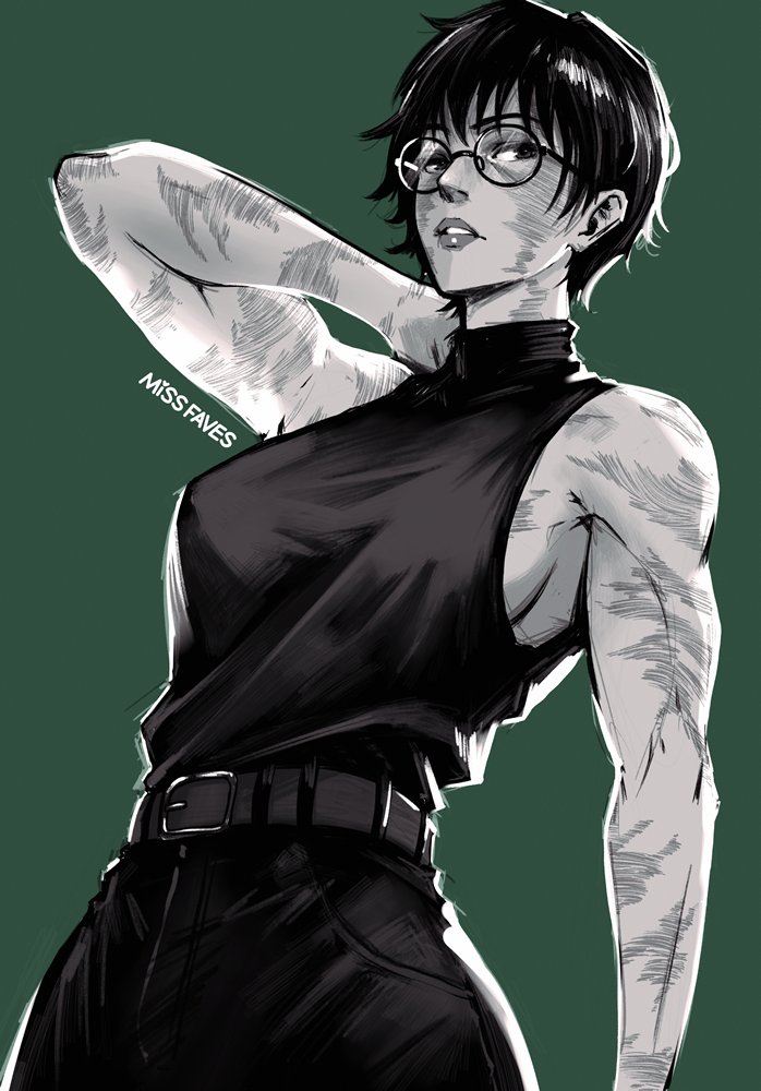Safebooru - 1girl breasts burn scar glasses green background high-waist ...