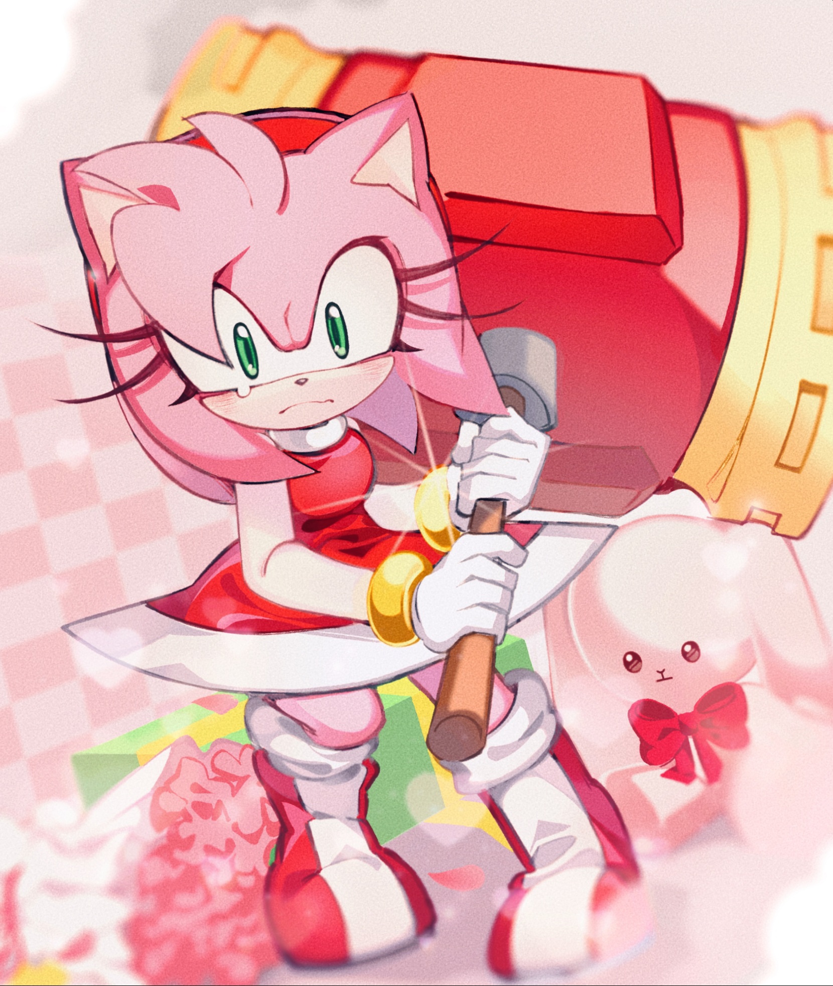 Safebooru - 1girl amy rose animal ears animal nose blurry boots bouquet bracelet checkered ...