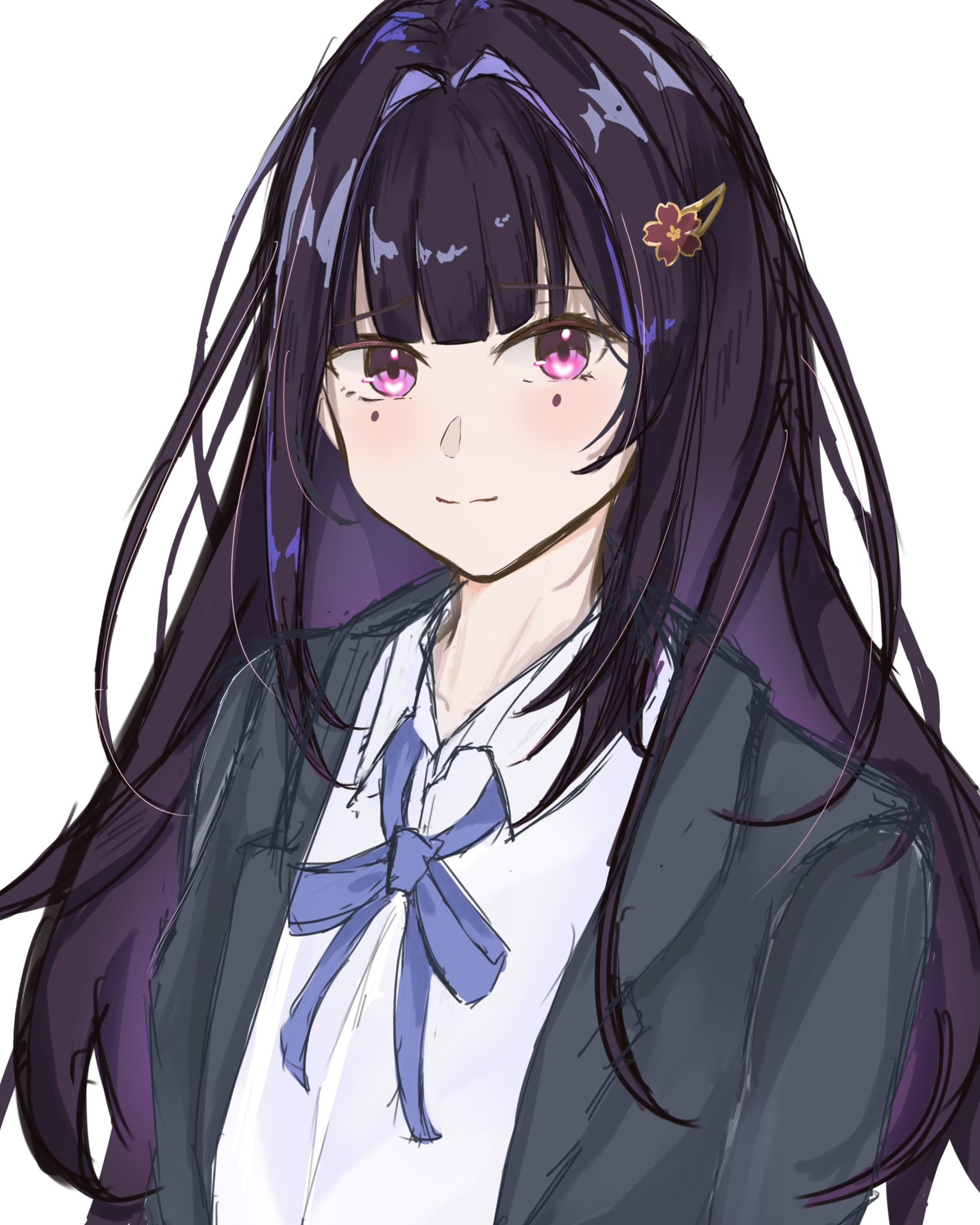 Safebooru - 1girl arms at sides black jacket blazer blue ribbon blush closed mouth collared ...