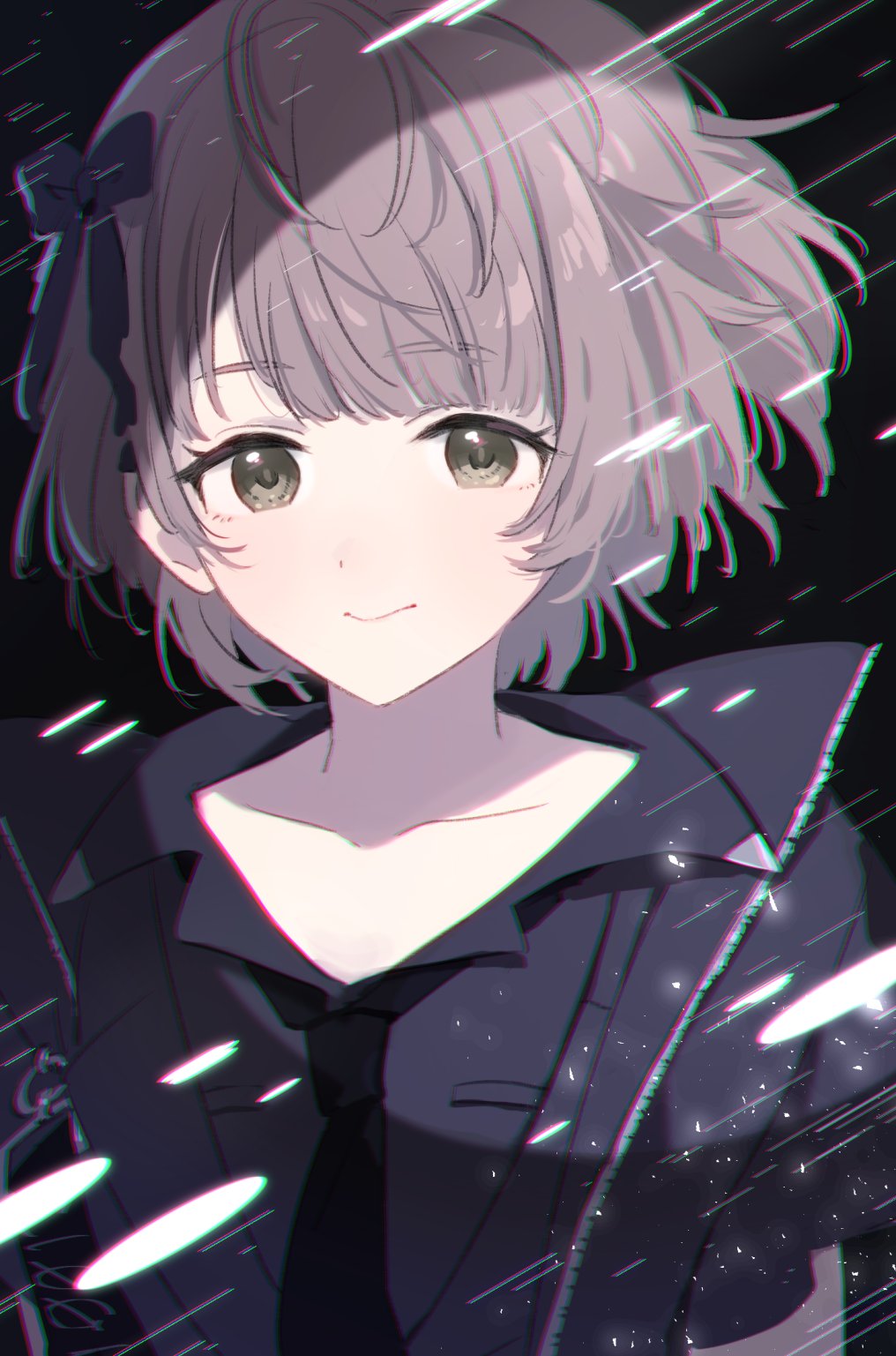 Safebooru - 1girl black background black jacket black necktie black ribbon black shirt blush bow ...