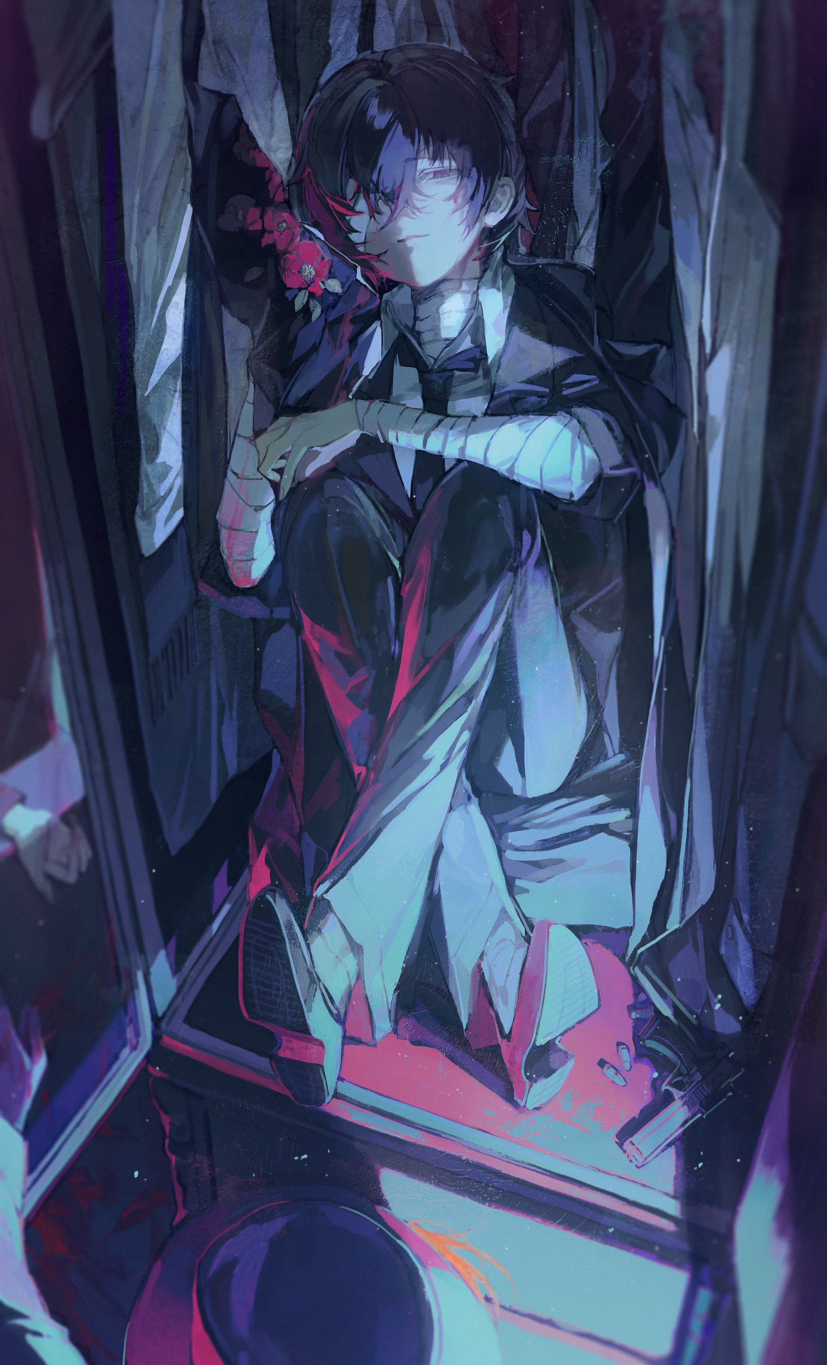 Safebooru - 1boy absurdres arm on knee bandaged arm bandaged neck bandages black hair black ...