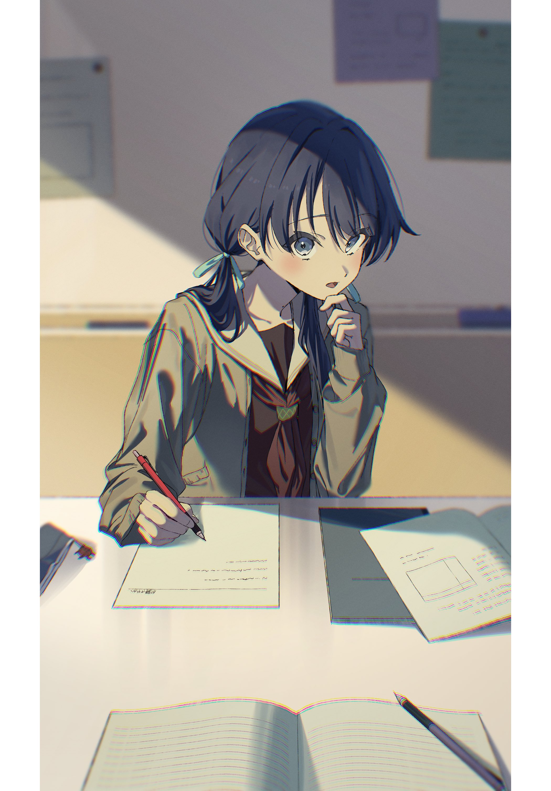 Safebooru - 1girl absurdres blue eyes blue hair book brown cardigan brown dress bulletin board ...