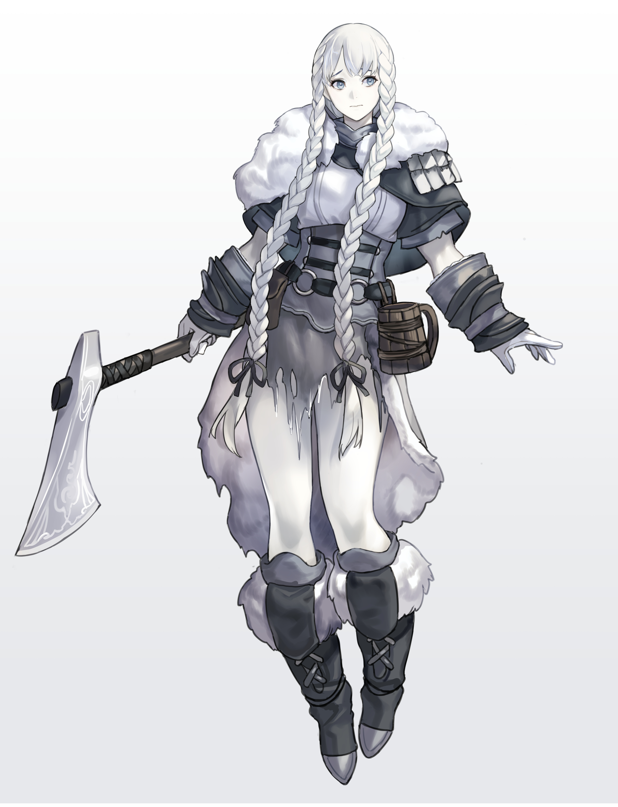 Safebooru - 1girl absurdres axe beer mug blue eyes boots braid coat colored skin corset cup full ...