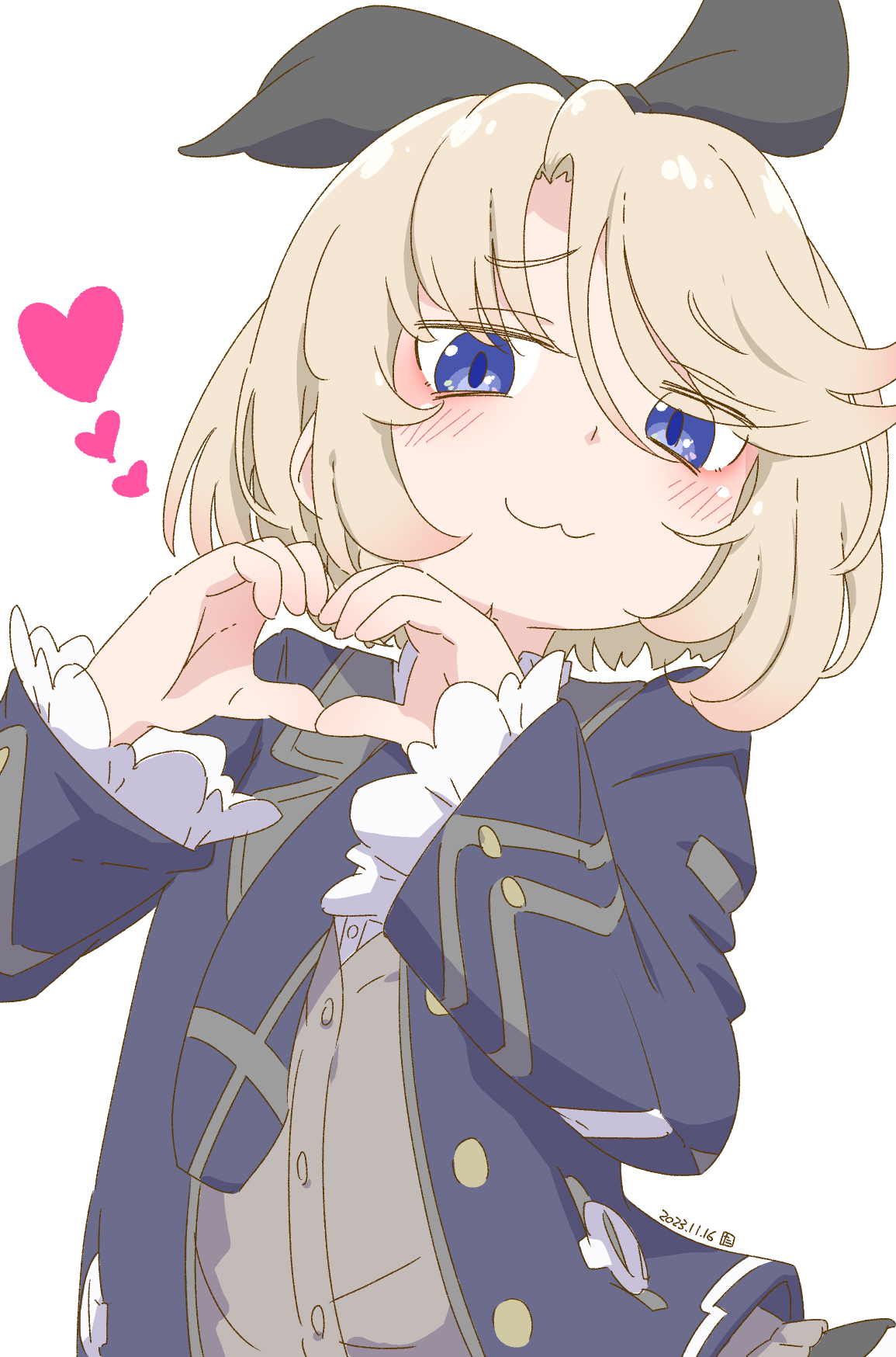 Safebooru - 1girl :3 black ribbon blonde hair blue eyes blue jacket blue necktie blush brown ...