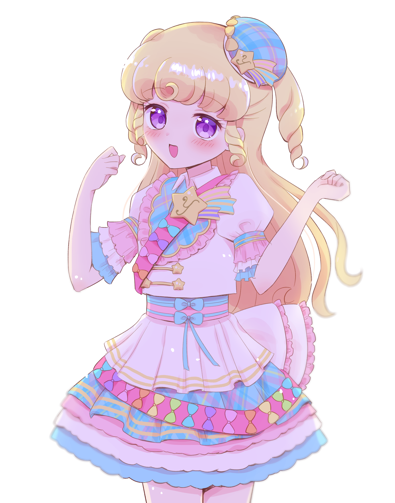 Safebooru - 1girl :d blonde hair blue headwear blush cowboy shot hands up hat highres hoshikuzu ...