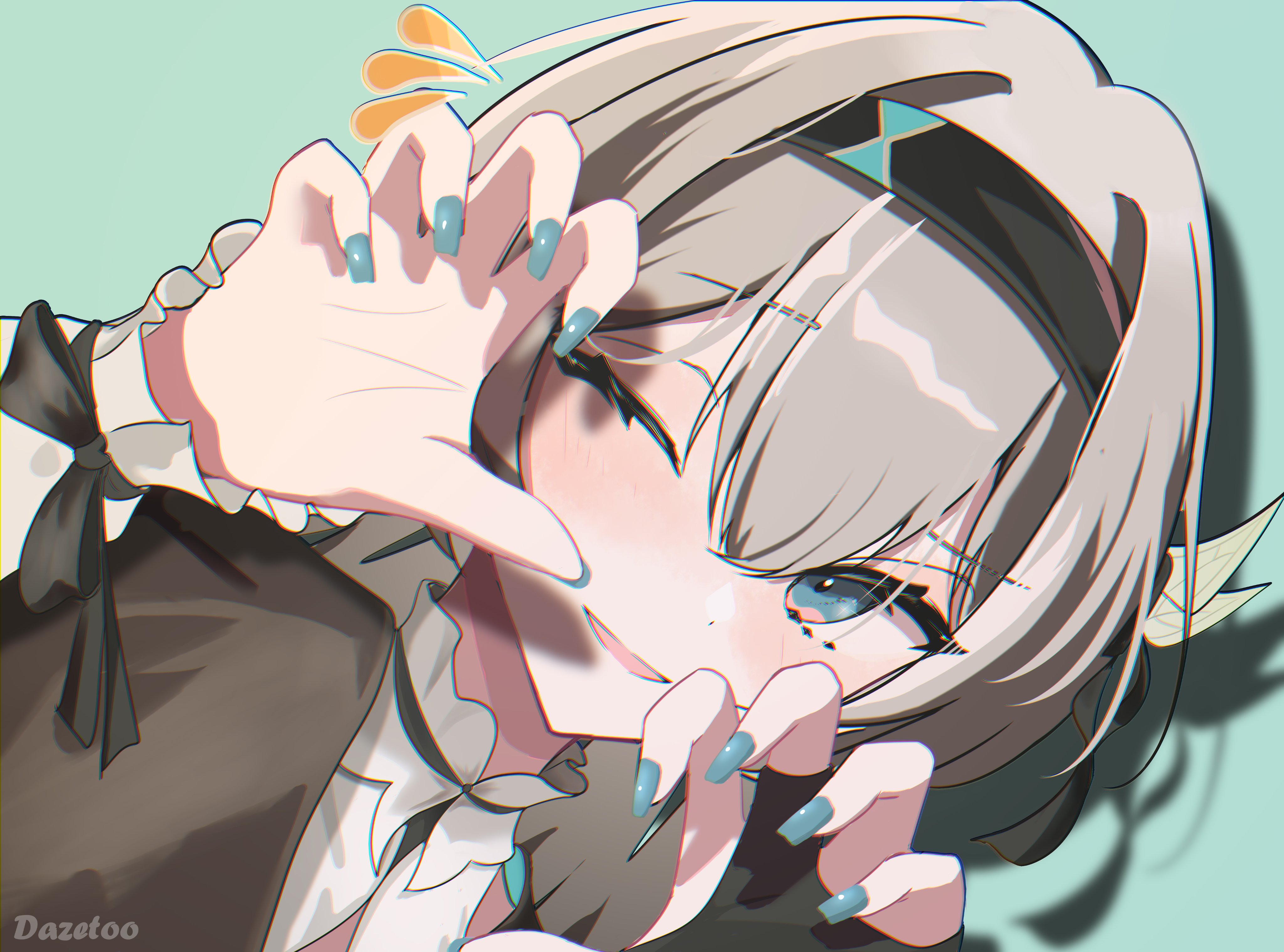 Safebooru - 1girl :d absurdres black hairband black jacket blue background blue eyes blue nails ...