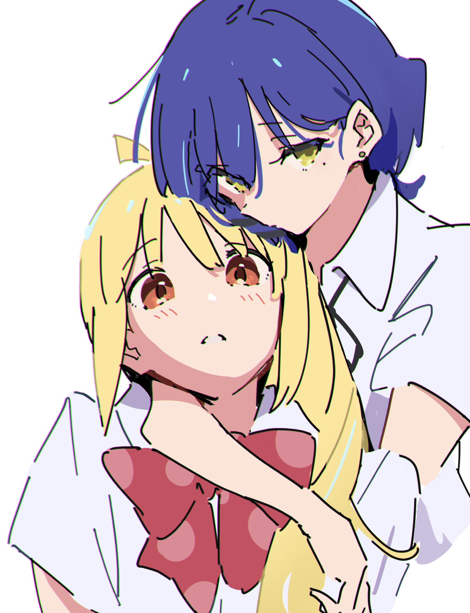 Safebooru - 2girls atenaba black ribbon blonde hair blue hair blush bocchi the rock! bow bowtie ...