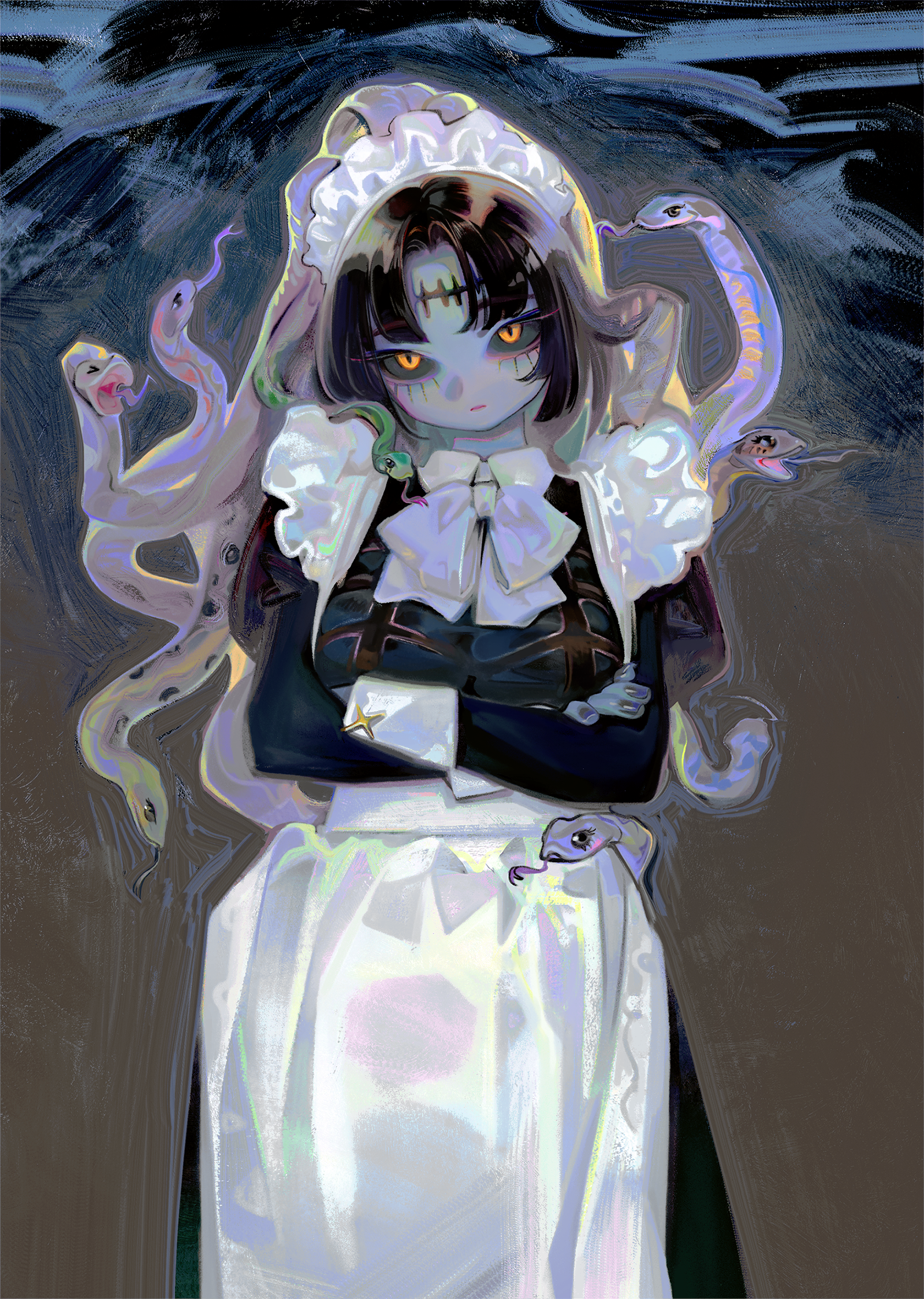 Safebooru - 1girl apron black dress black hair black nails black sclera ...