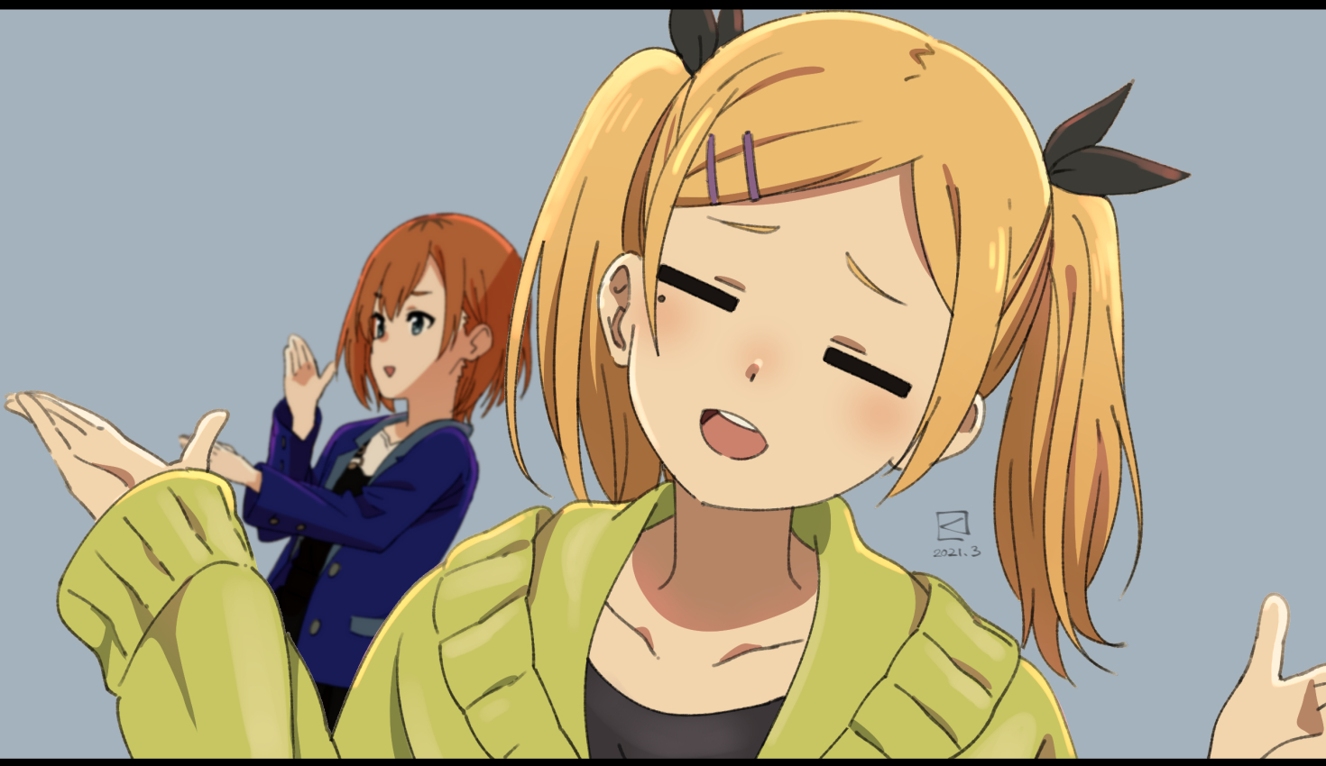 Safebooru - 2girls blonde hair blue jacket blush brown hair cardigan ...