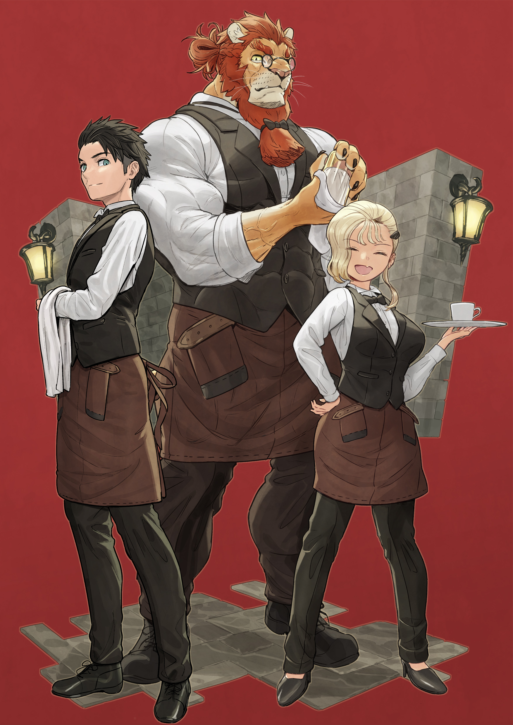 Safebooru - 1girl 2boys absurdres black footwear black hair black pants black vest brown skirt ...