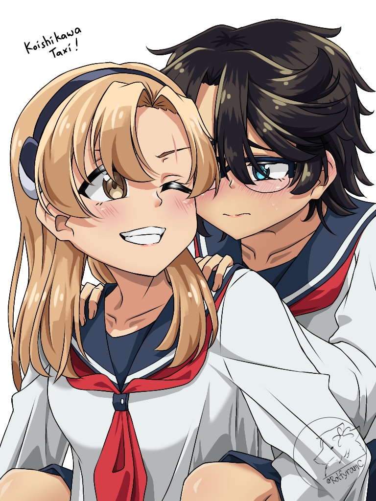 Safebooru - 2girls black-framed eyewear black hairband black sailor collar blush brown eyes ...