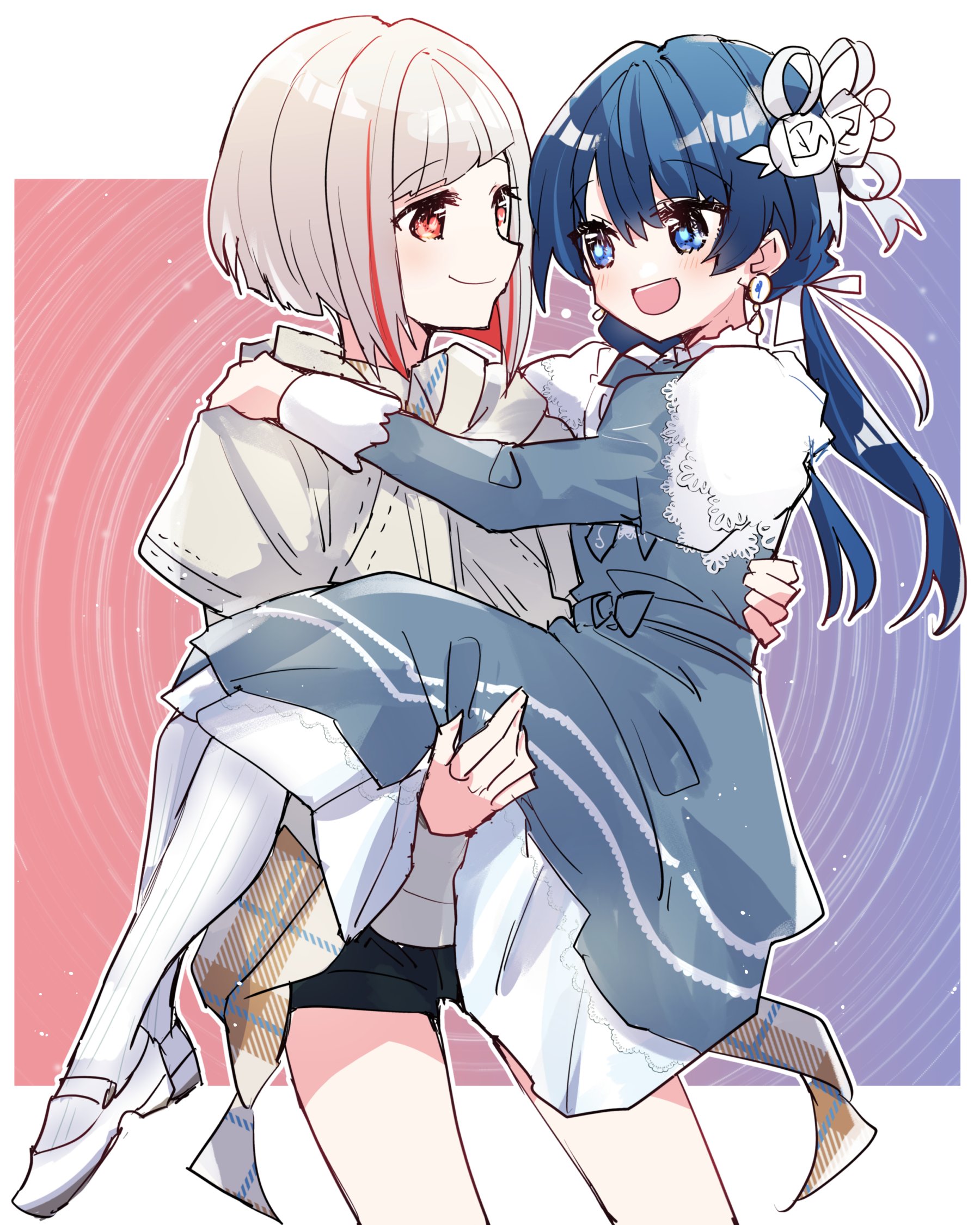 Safebooru - 2girls :d black shorts blue dress blue eyes blue hair blush border carrying colored ...