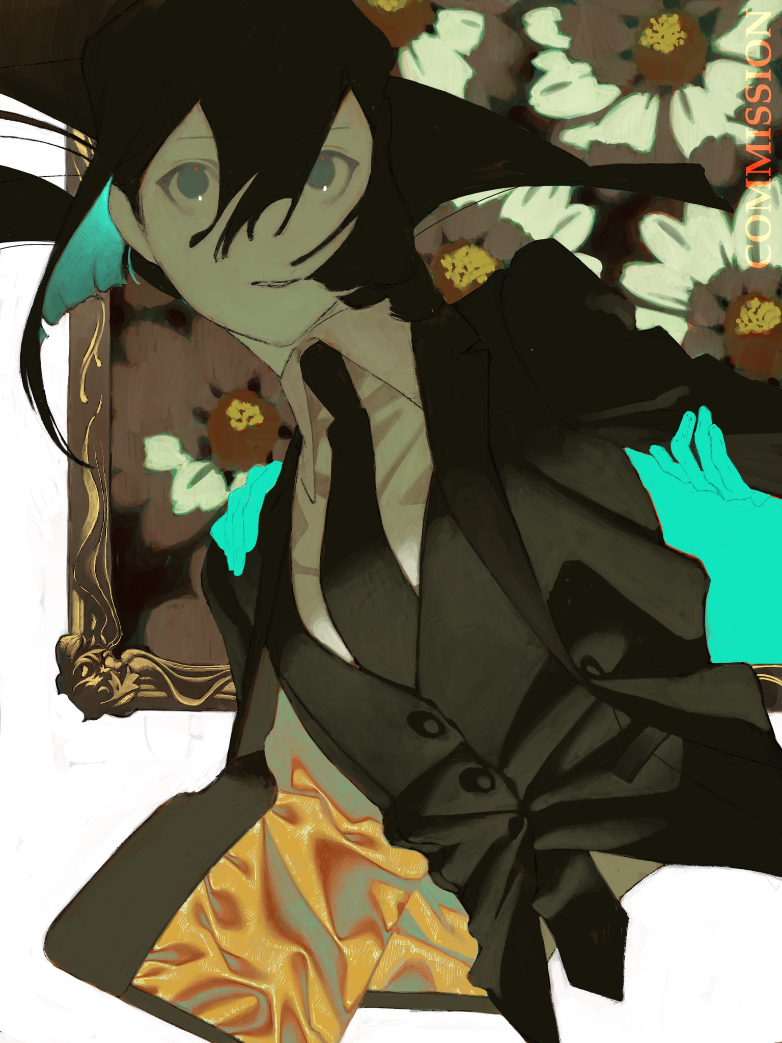 Safebooru - 1girl 1other aqua hair aqua skirt arm grab black hair black ...