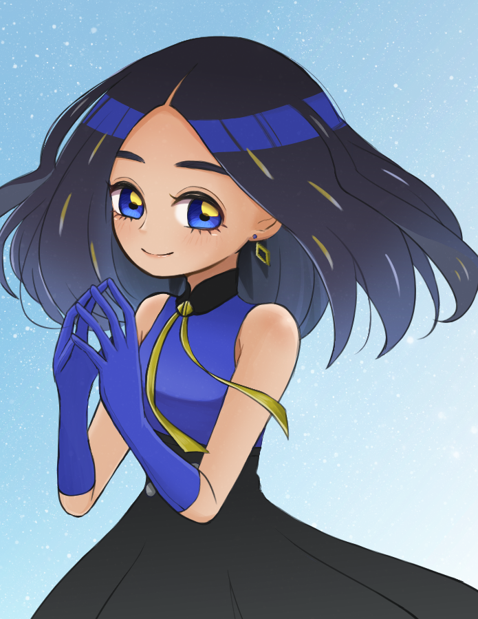 Safebooru - 1girl aged down black hair black skirt blue background blue eyes blue gloves blue ...