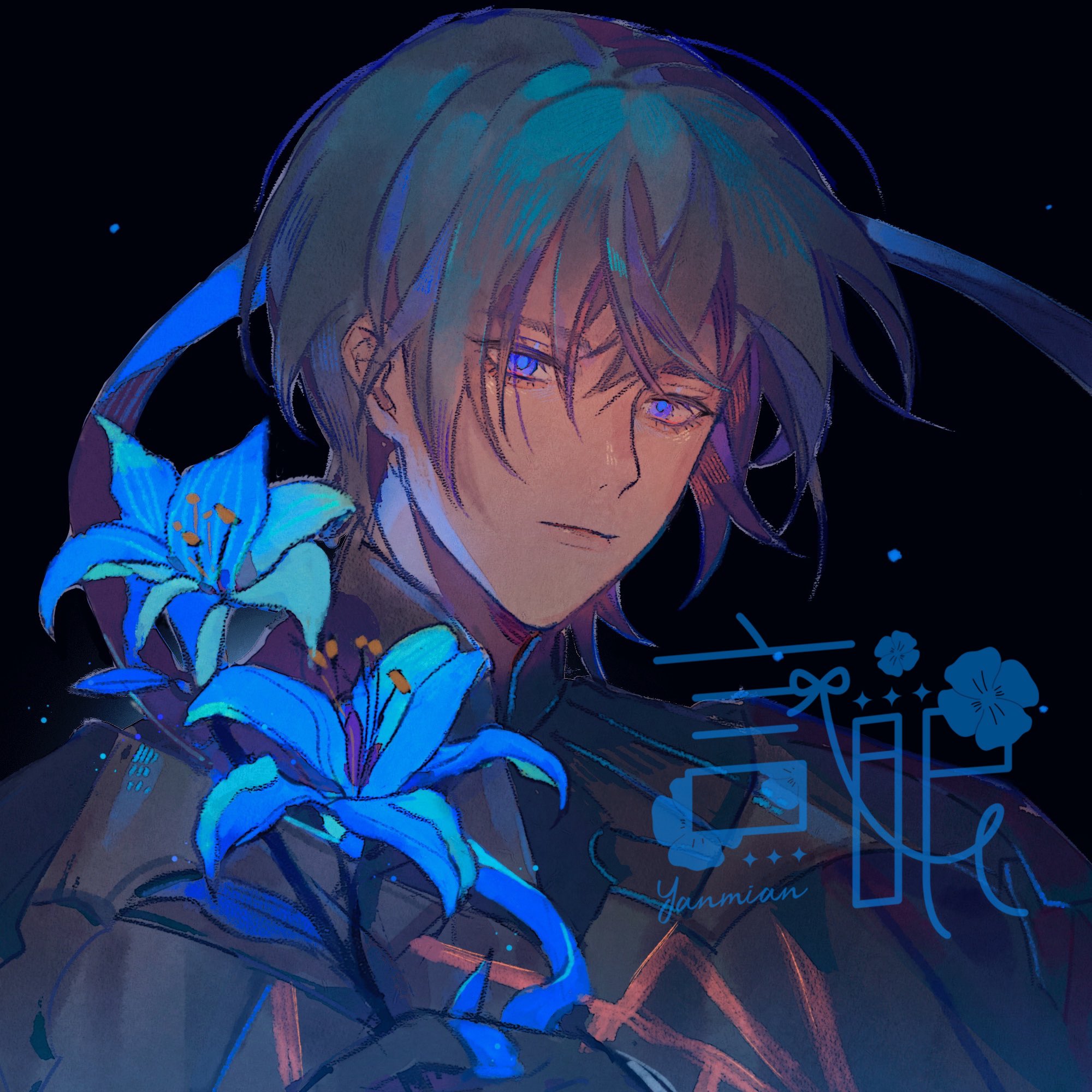 Safebooru - 1boy artist name bishounen black background black gloves black hair black shirt blue ...