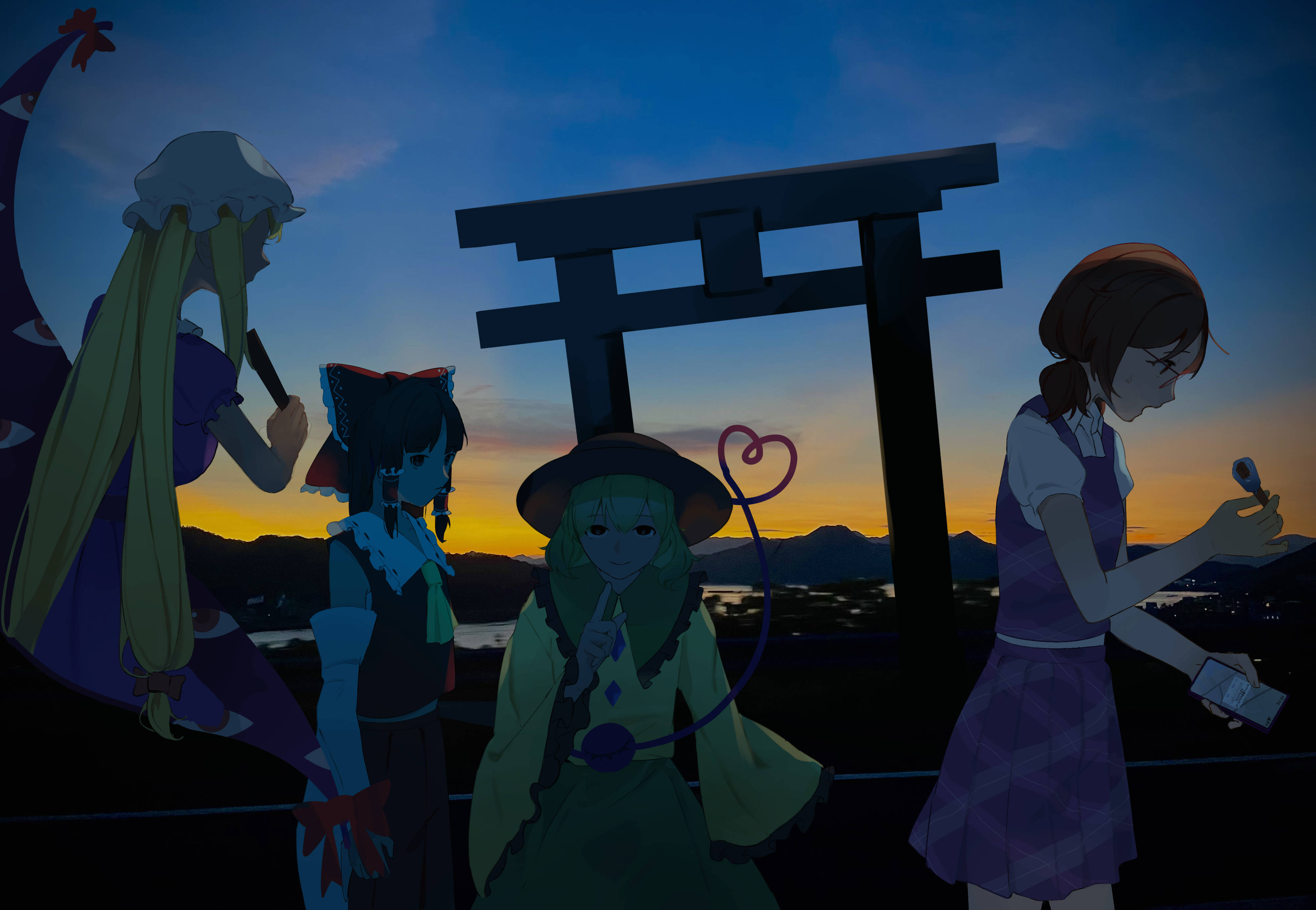 Safebooru - 4girls absurdres ascot black hair breasts brown hair cellphone cityscape detached ...