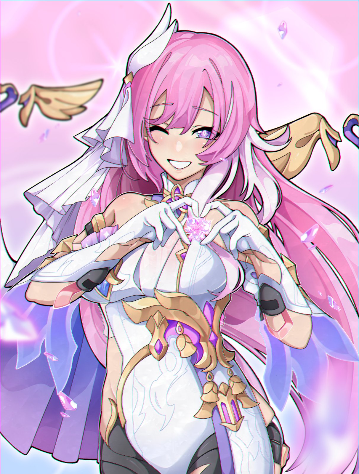 Safebooru - 1girl bare shoulders breasts bridal veil brooch detached sleeves double-parted bangs ...