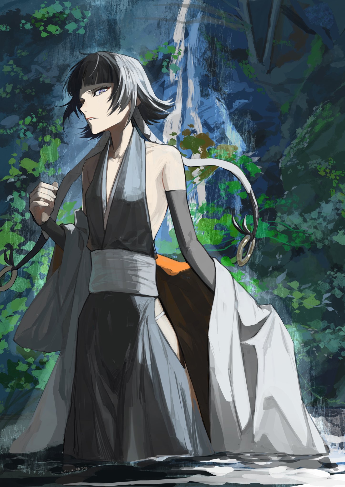 Safebooru - 1girl bare shoulders black hair black hakama black kimono ...