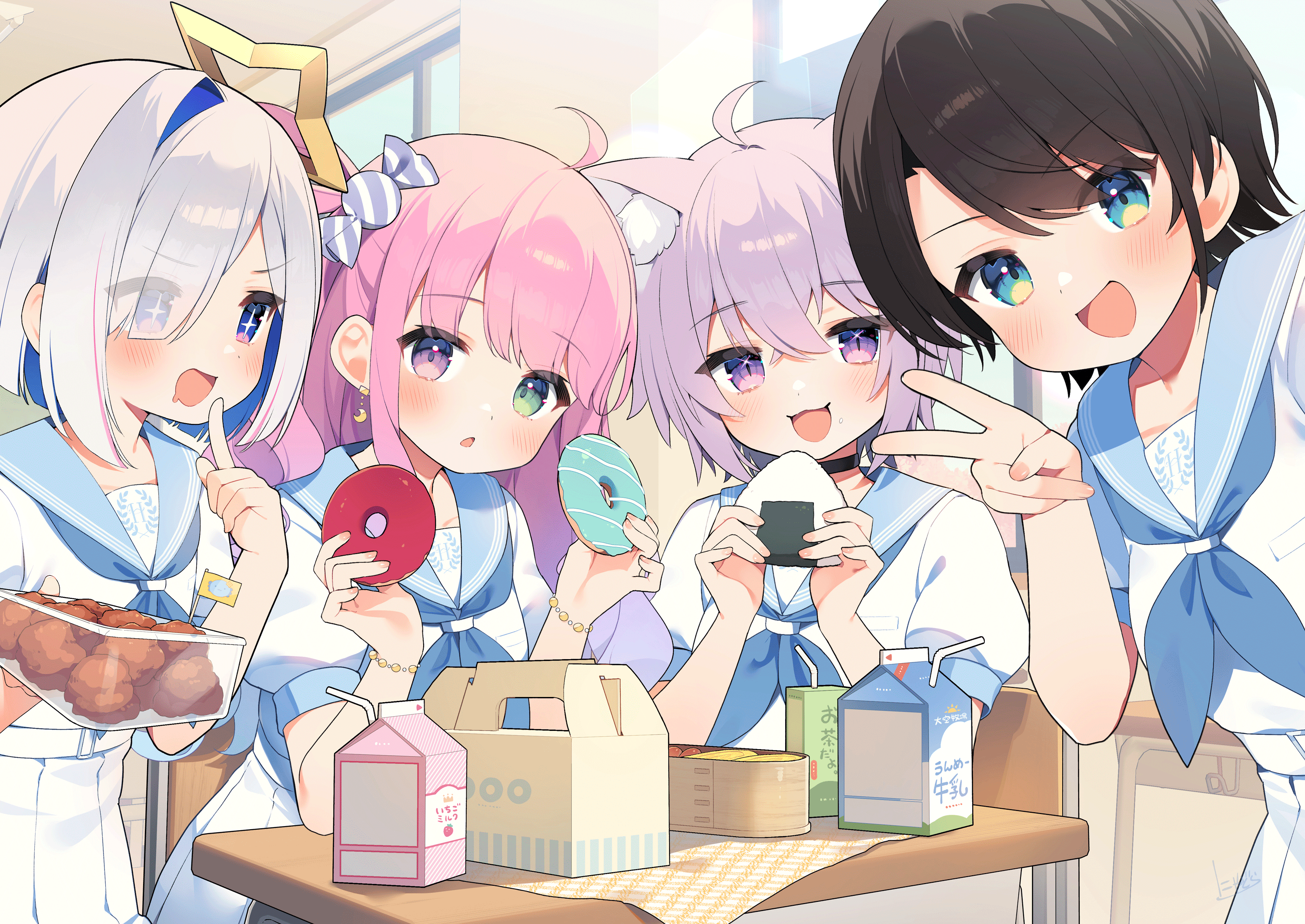 Safebooru - + + 4girls ahoge amane kanata animal ear fluff animal ears aqua eyes belt bento ...