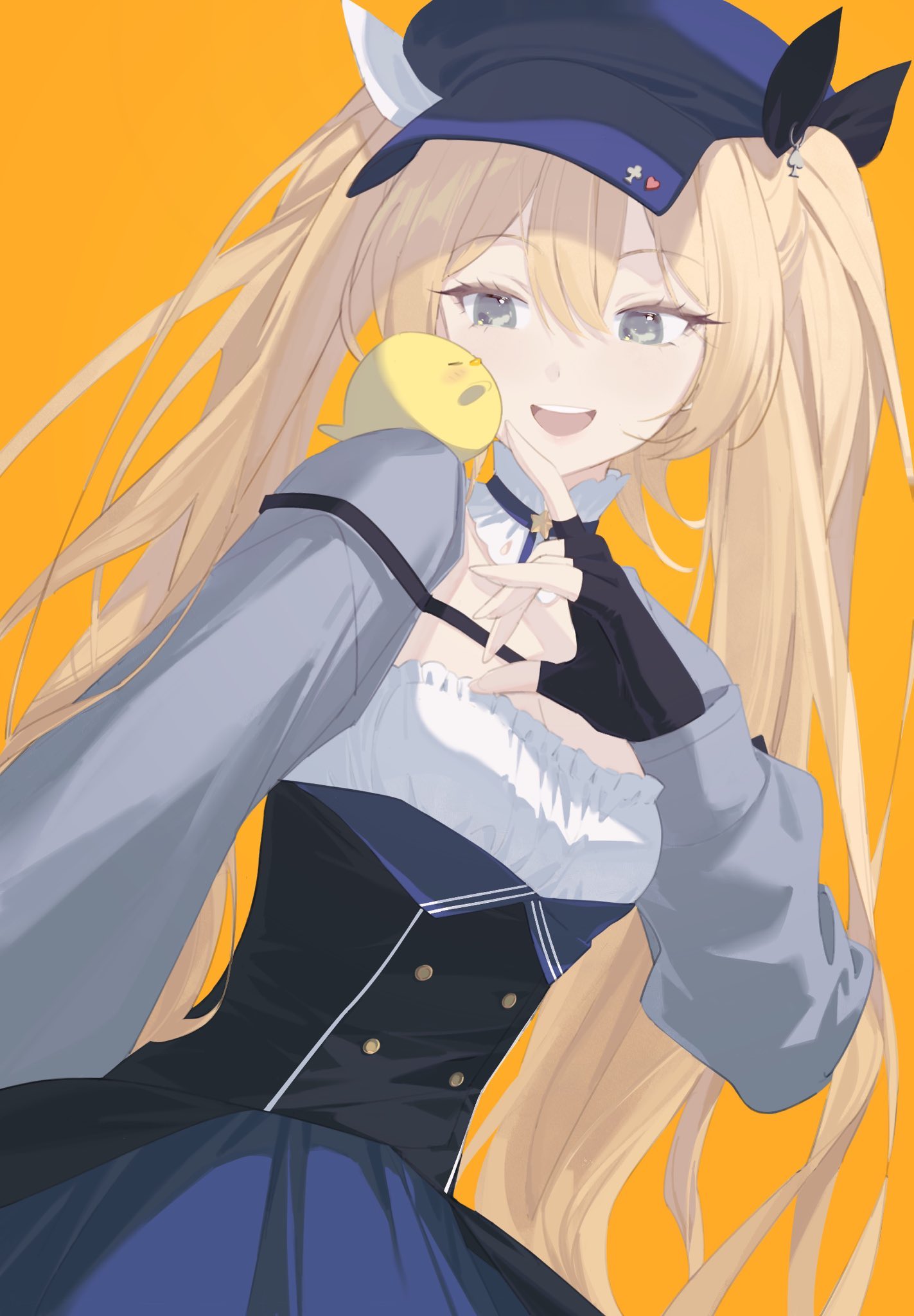 Safebooru - 1girl black gloves blonde hair blue headwear blue skirt ...