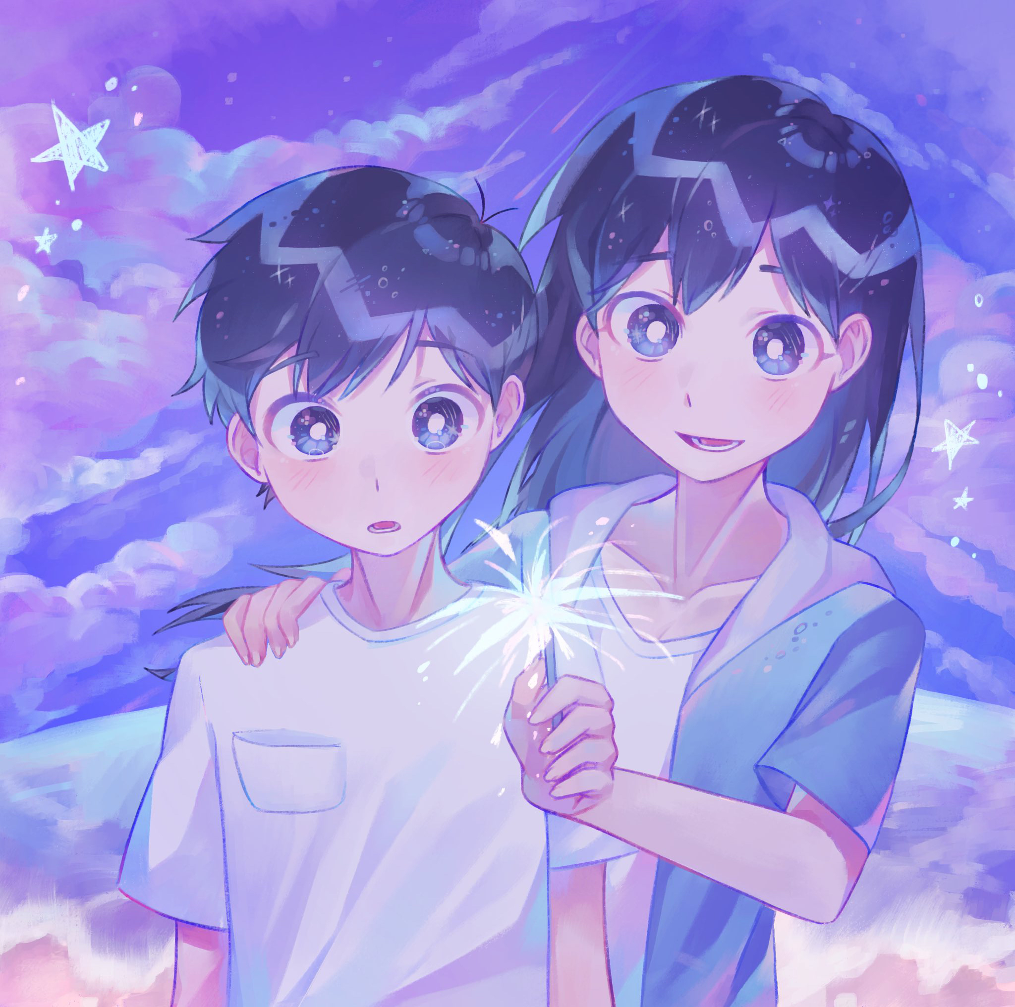 Safebooru - 1boy 1girl antenna hair arms at sides black eyes black hair blue jacket bright ...