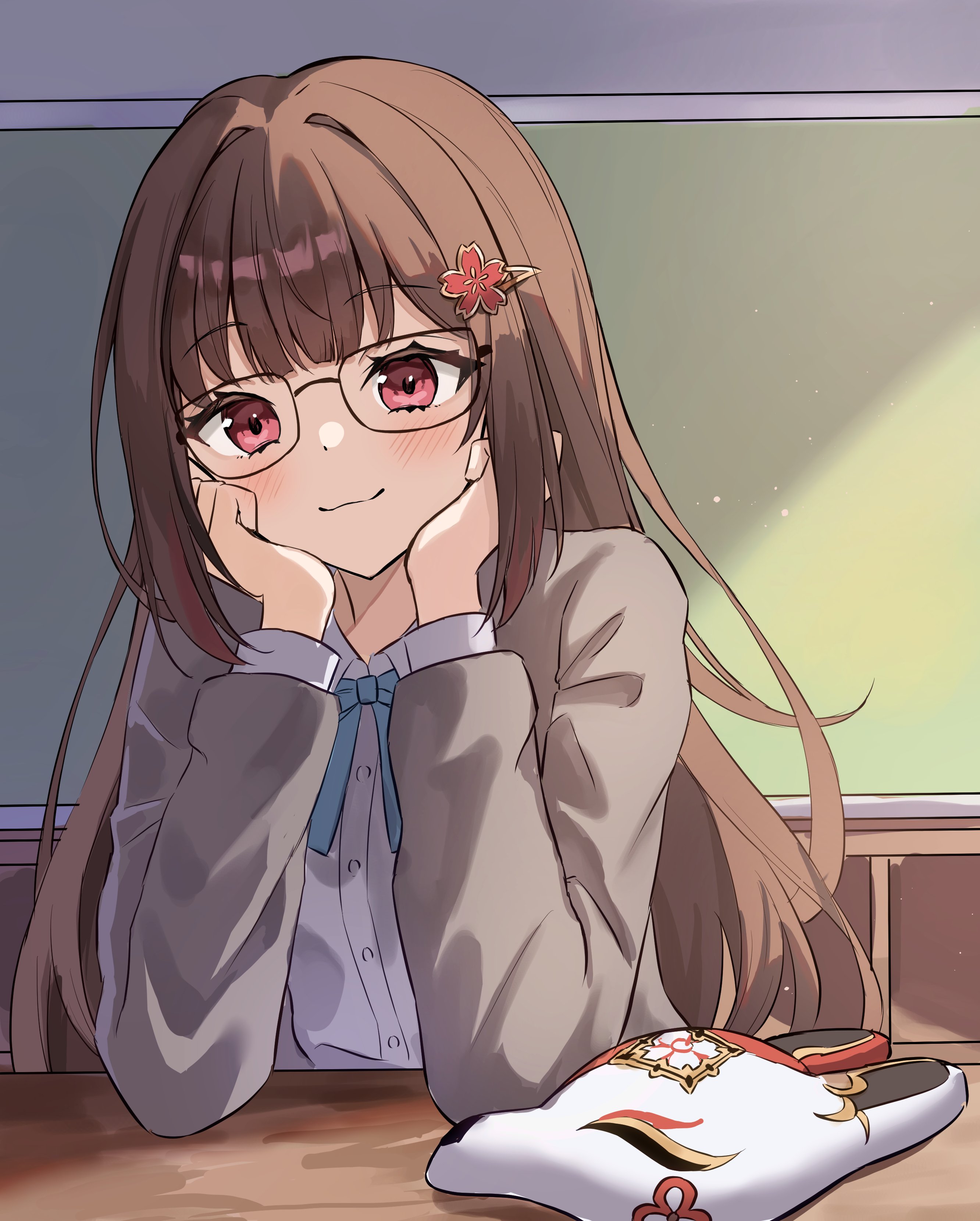 Safebooru - 1girl :3 absurdres black jacket blazer blue ribbon blush brown hair closed mouth ...