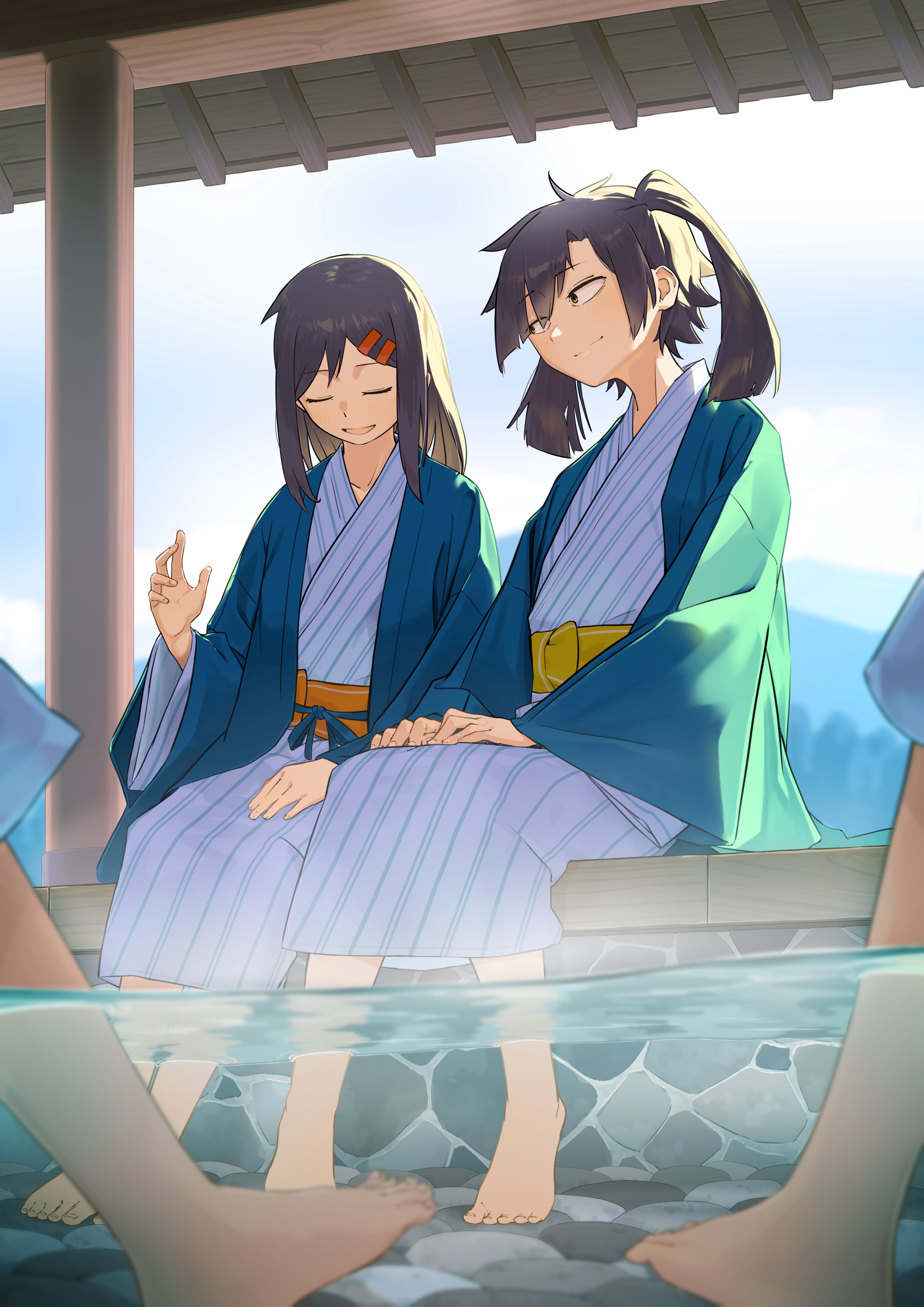 Safebooru - 2girls absurdres aku tako architecture barefoot black hair ...