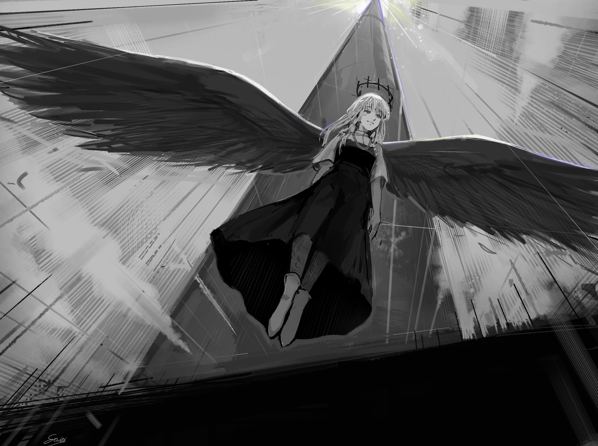 Safebooru - 1girl angel wings black dress black halo black wings blonde hair choujin x crown of ...
