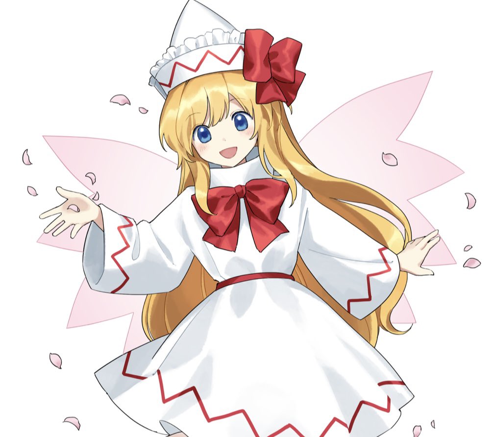 Safebooru - 1girl :d blonde hair blue eyes bow bowtie dress fairy fairy wings falling petals hat ...