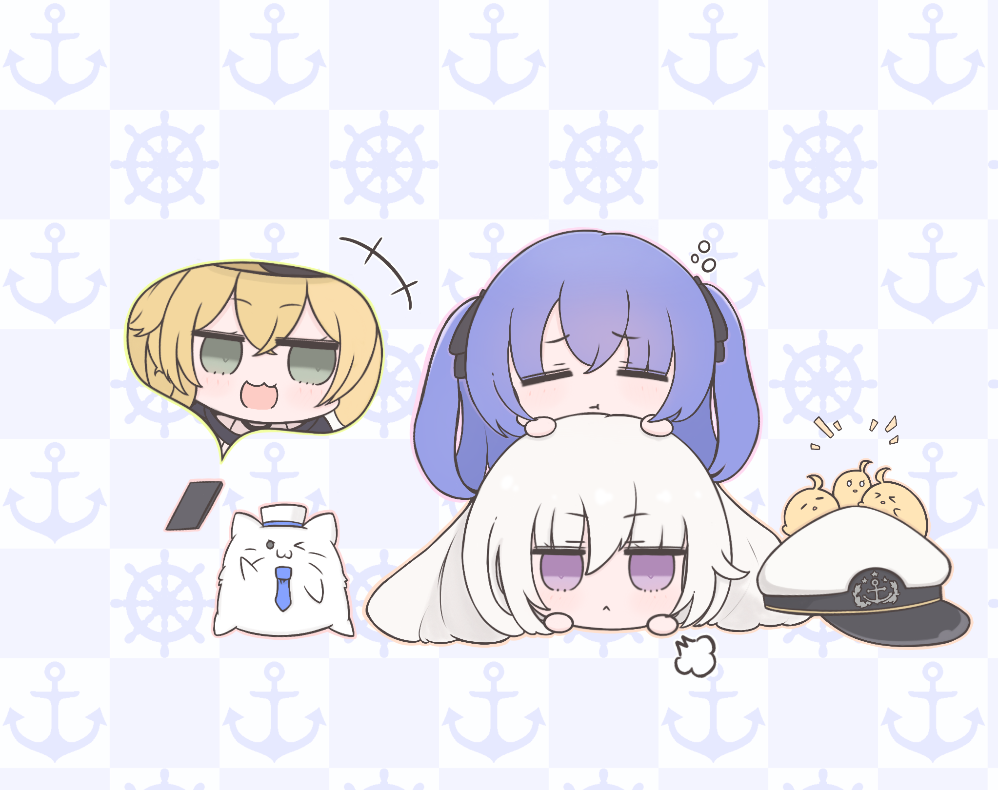 Safebooru - > o 3girls azur lane blonde hair blue necktie cat cellphone chibi chibi only closed ...