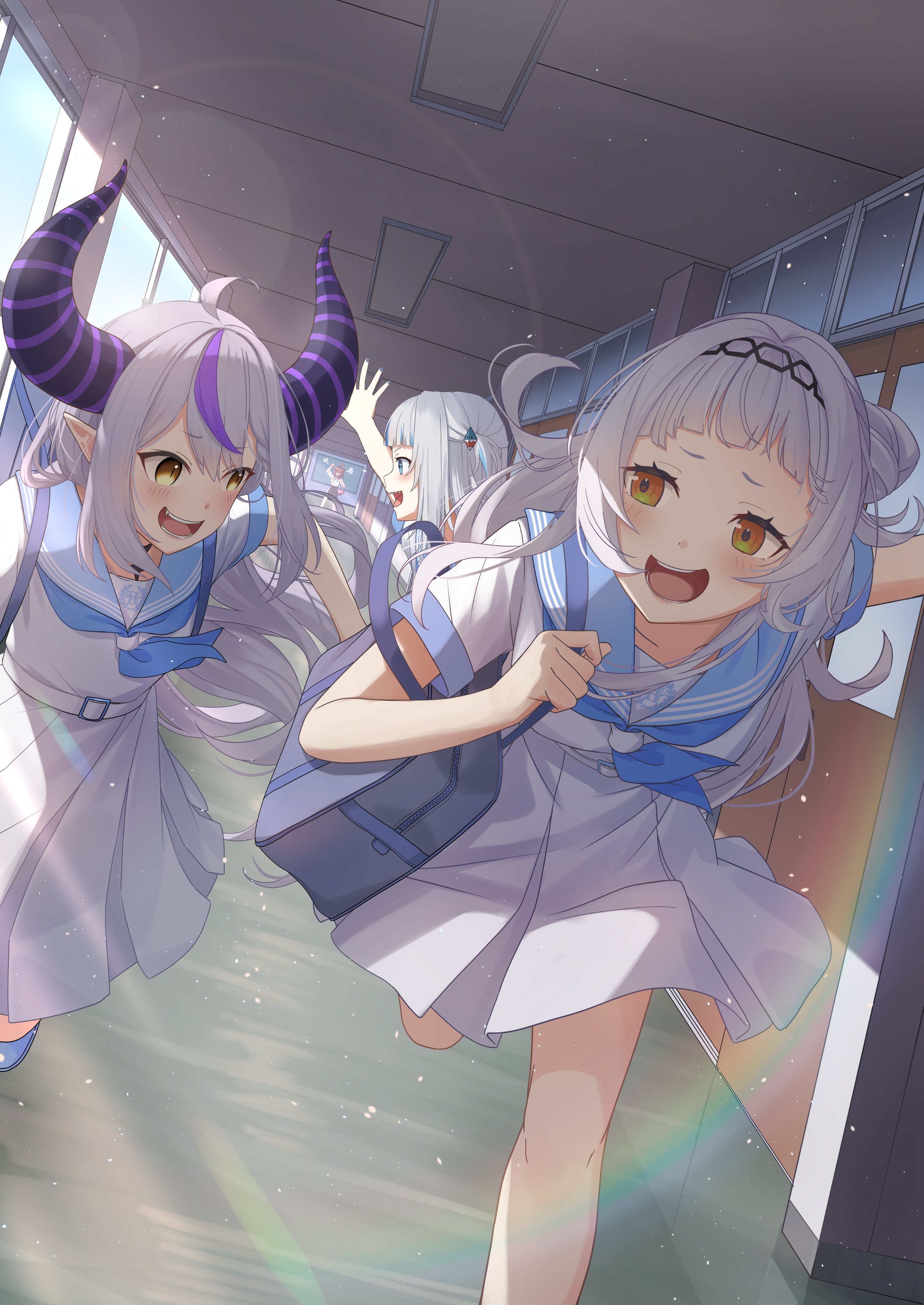 Safebooru - 4girls absurdres ahoge animal ears bag belt black horns black skirt blue eyes blue ...