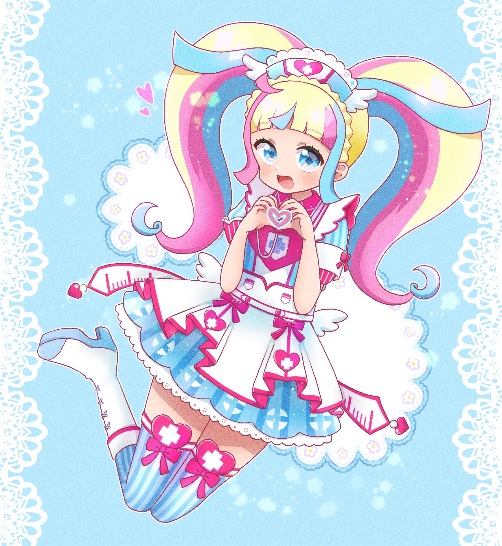 Safebooru - 1girl :d ahoge apron blonde hair blue background blue dress blue eyes blue hair blue ...