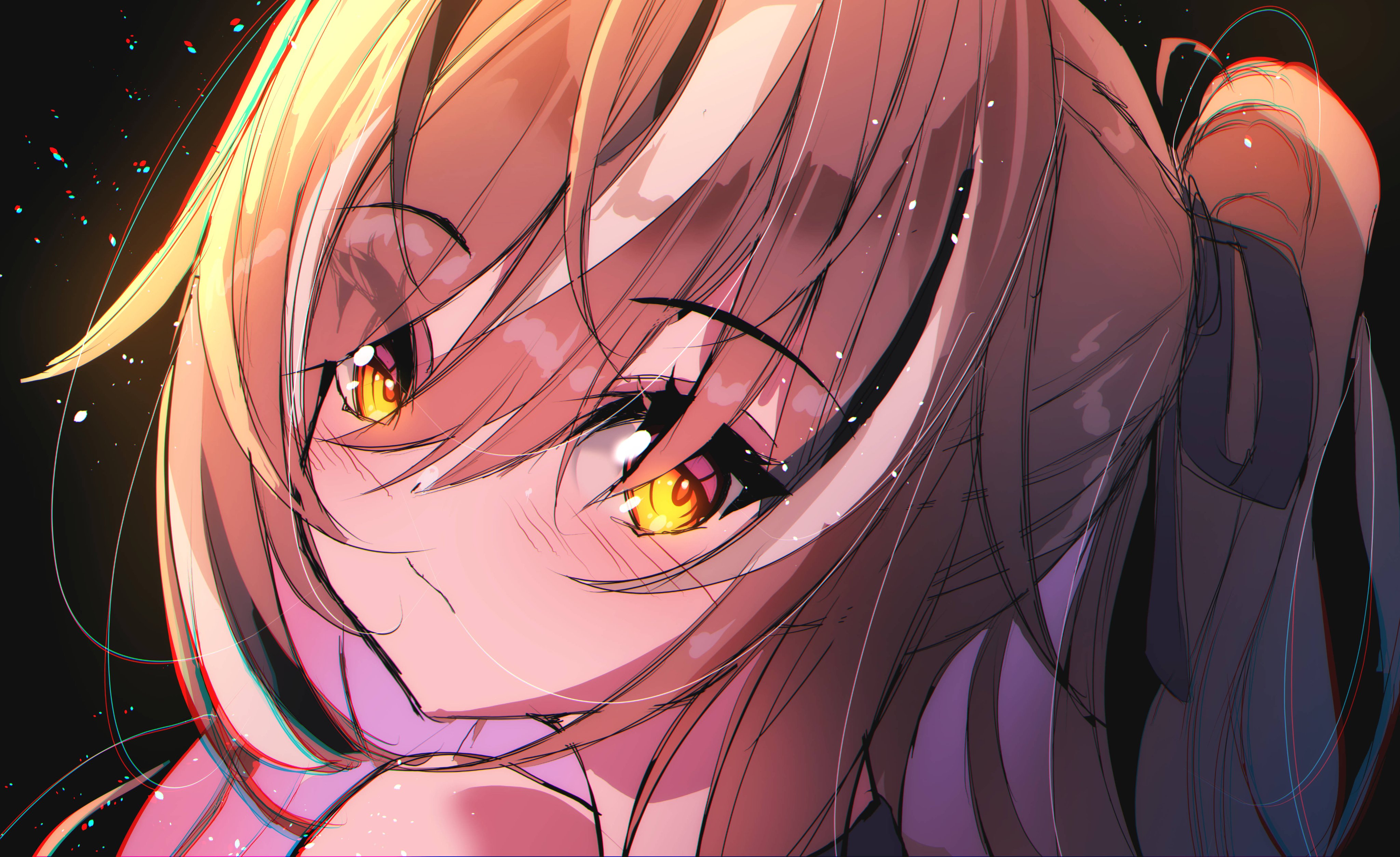 Safebooru - 1girl :/ absurdres black background black ribbon blush brown hair chromatic ...