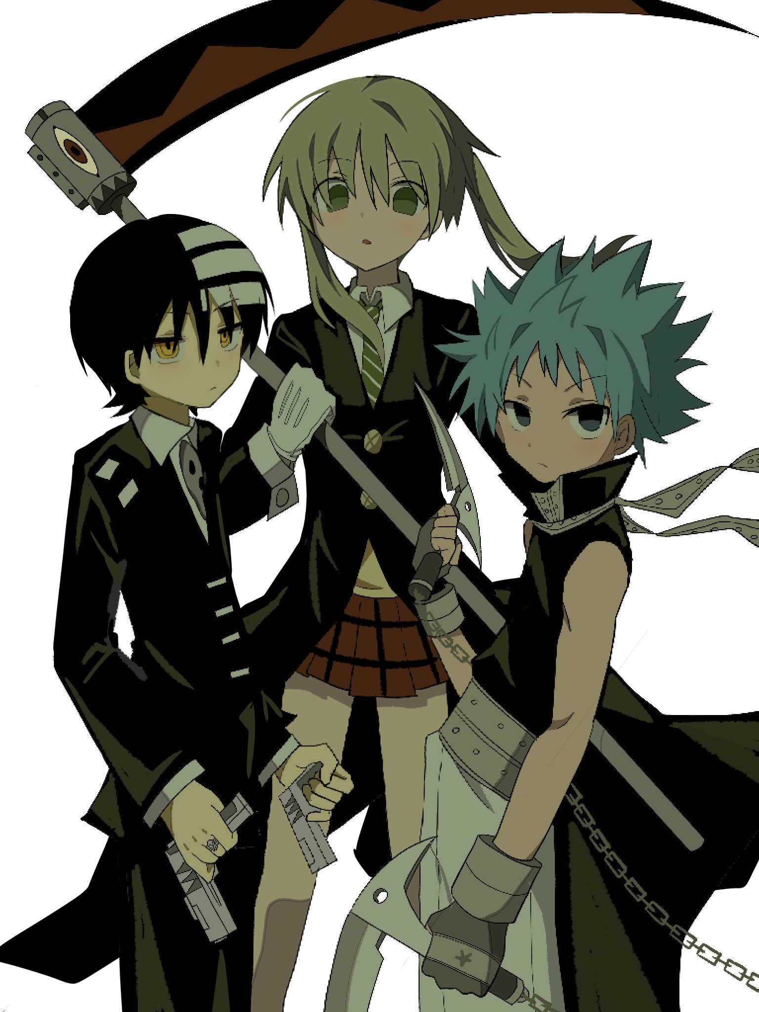 Safebooru - 1girl 2boys belt black coat black hair black star blonde ...