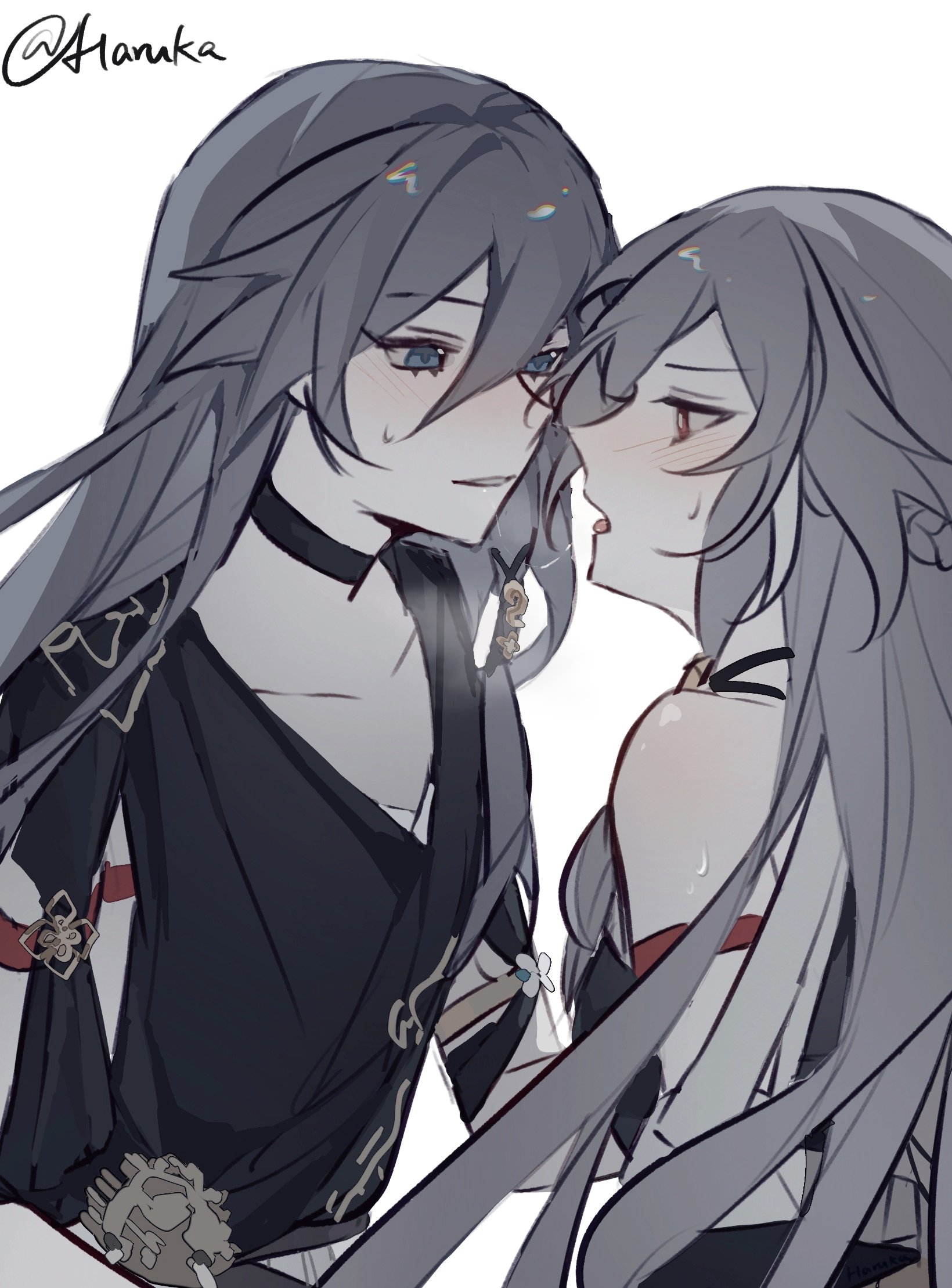 Safebooru - 2girls asymmetrical clothes asymmetrical sleeves belt black choker black dress black ...