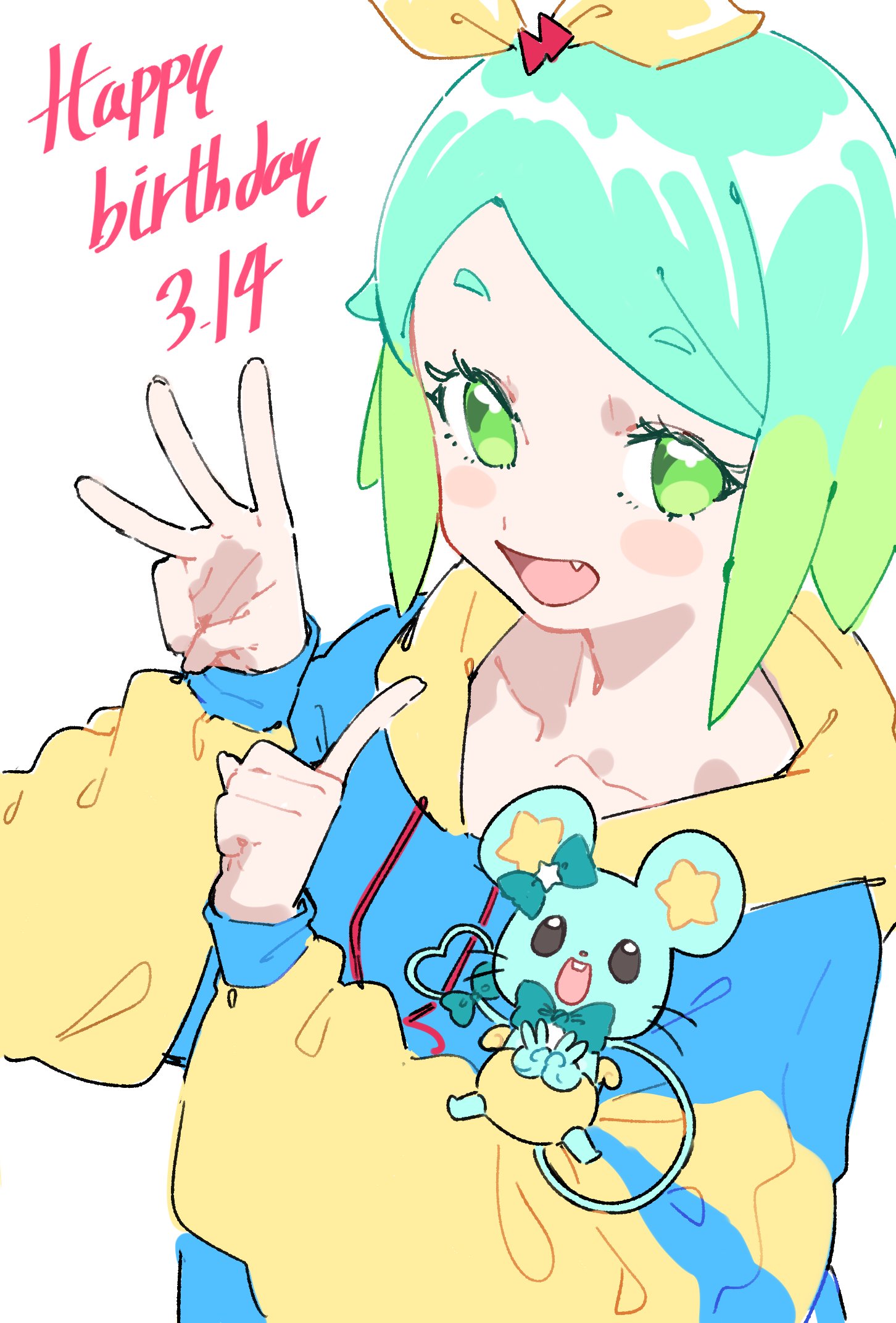 Safebooru - 1girl :d blue hair blue hoodie blush bow chuppe fang finger ...