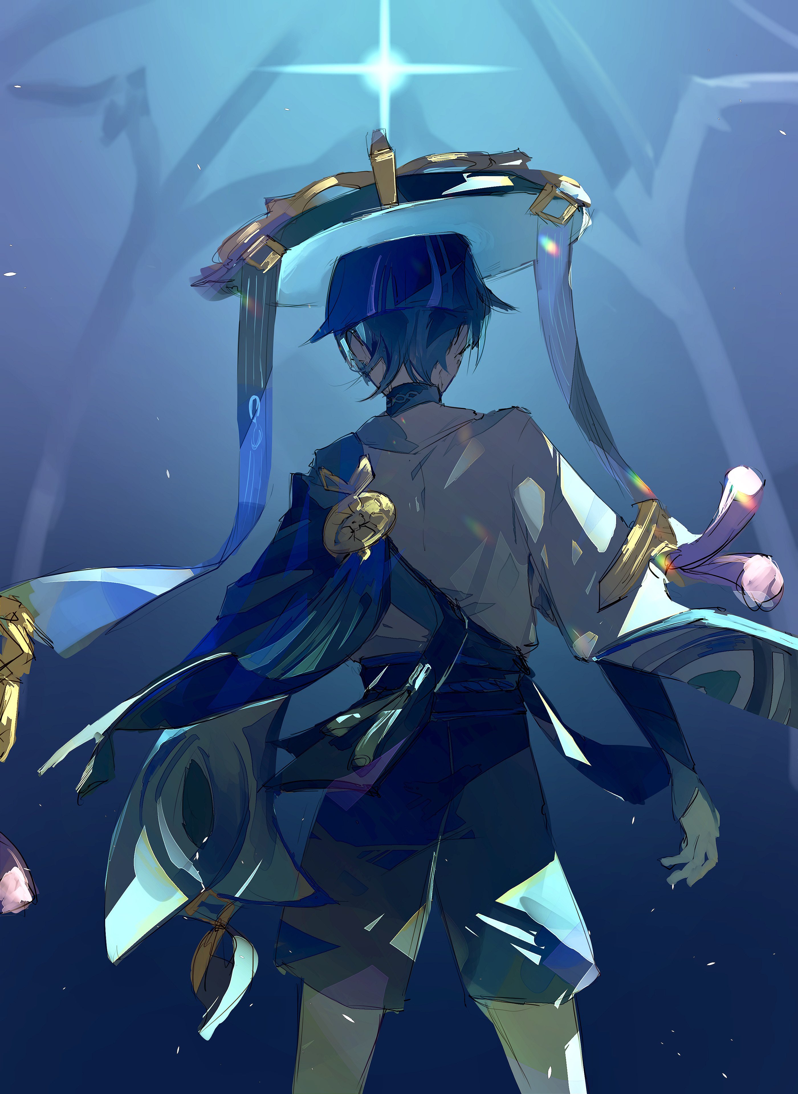 Safebooru - 1boy absurdres blue background blue hair bridal gauntlets ...