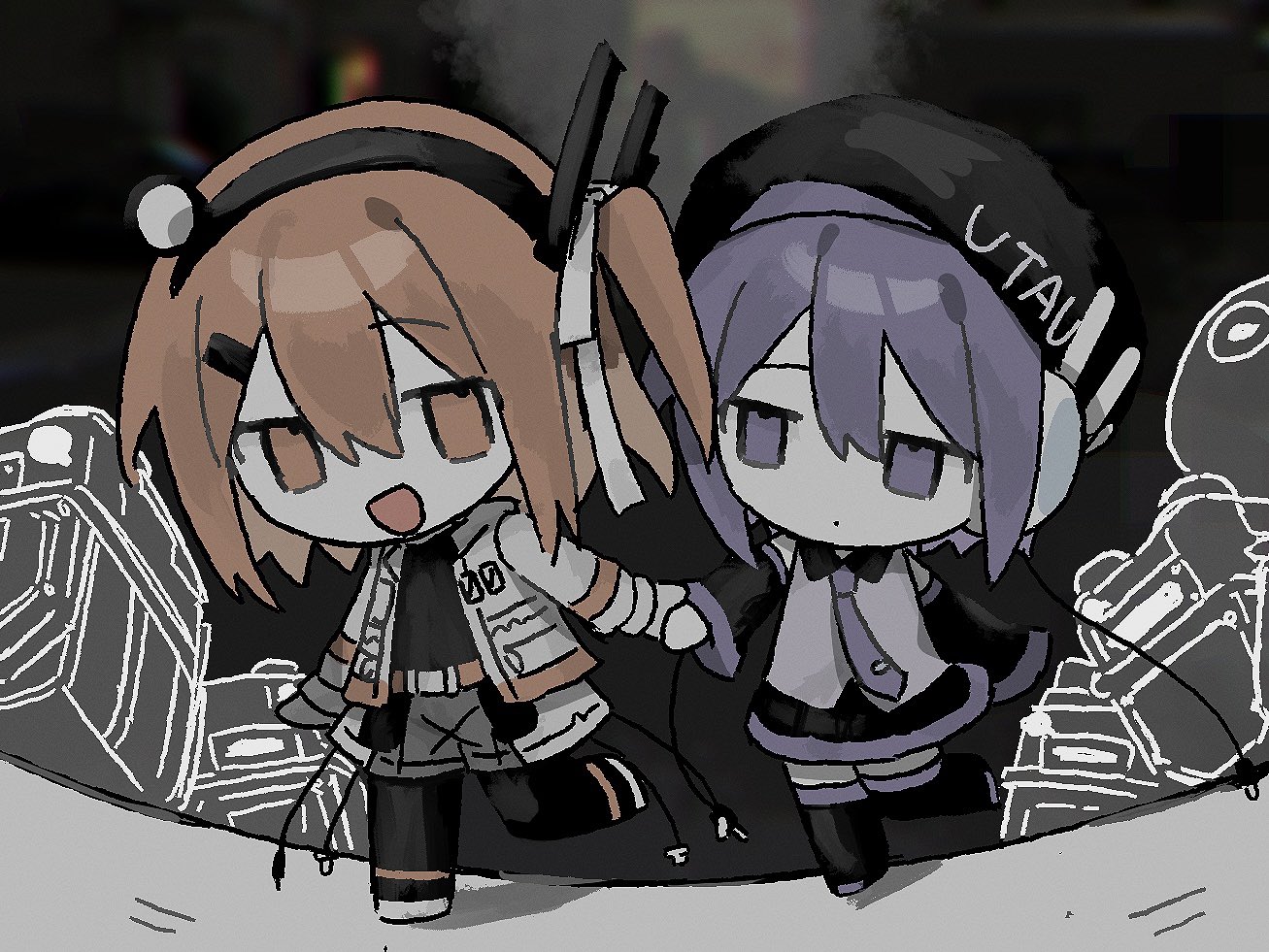 Safebooru - 2girls a.i. voice abstract background adachi rei belt belt pouch beret black ...