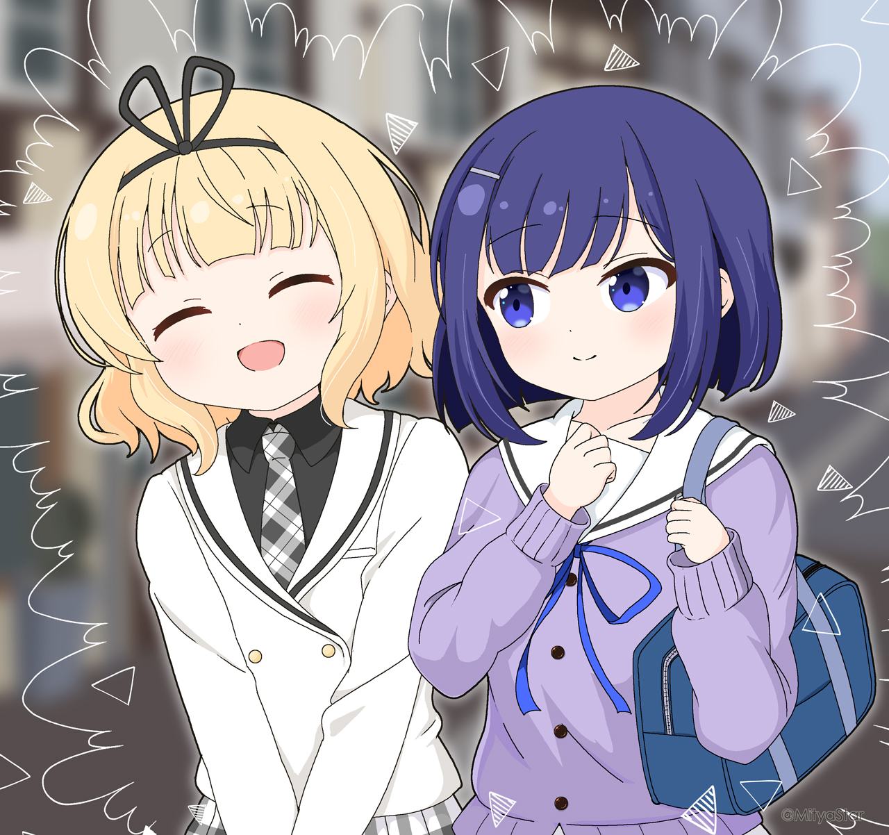 Safebooru - 2girls :d ^ ^ bag black shirt blazer blonde hair blue eyes blue hair blue ribbon ...