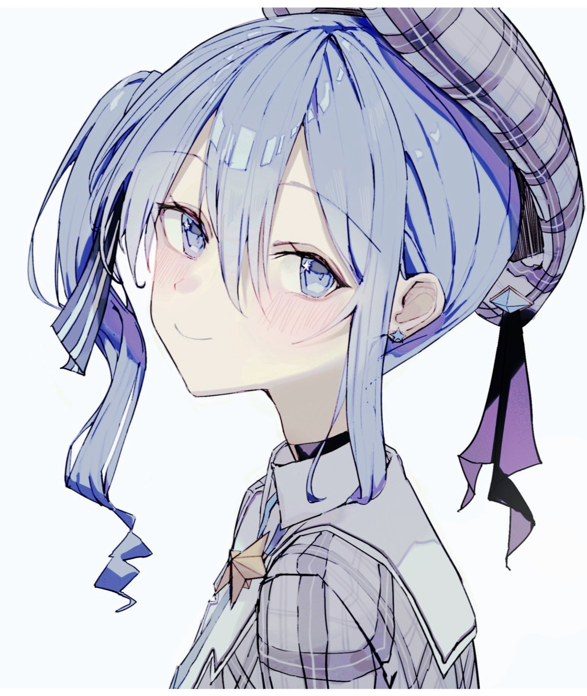 Safebooru - 1girl absurdres arms at sides beret black ribbon blue eyes blue hair blush border ...