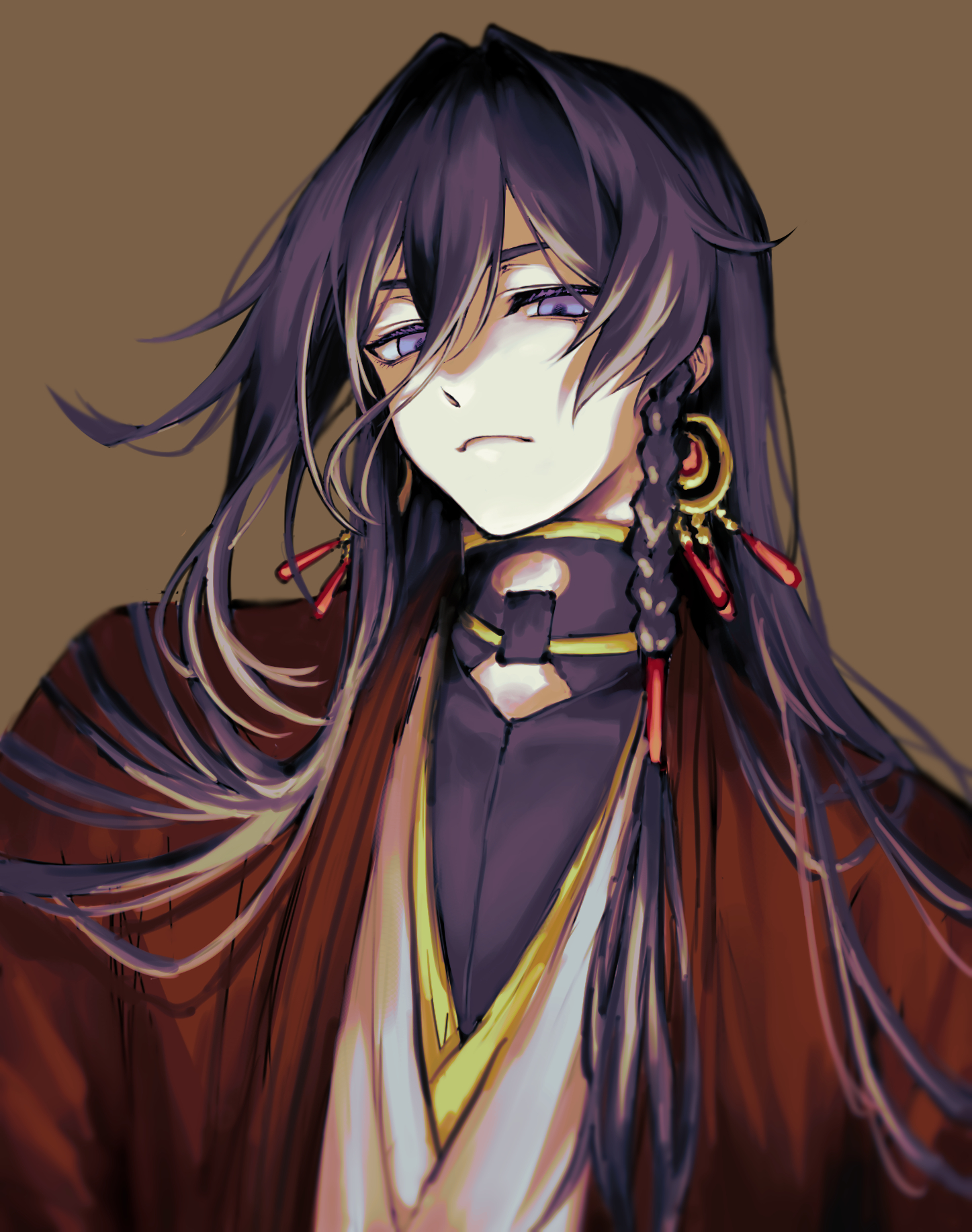 Safebooru - 1boy bishounen black hair blue eyes braid brown background closed mouth earrings ...