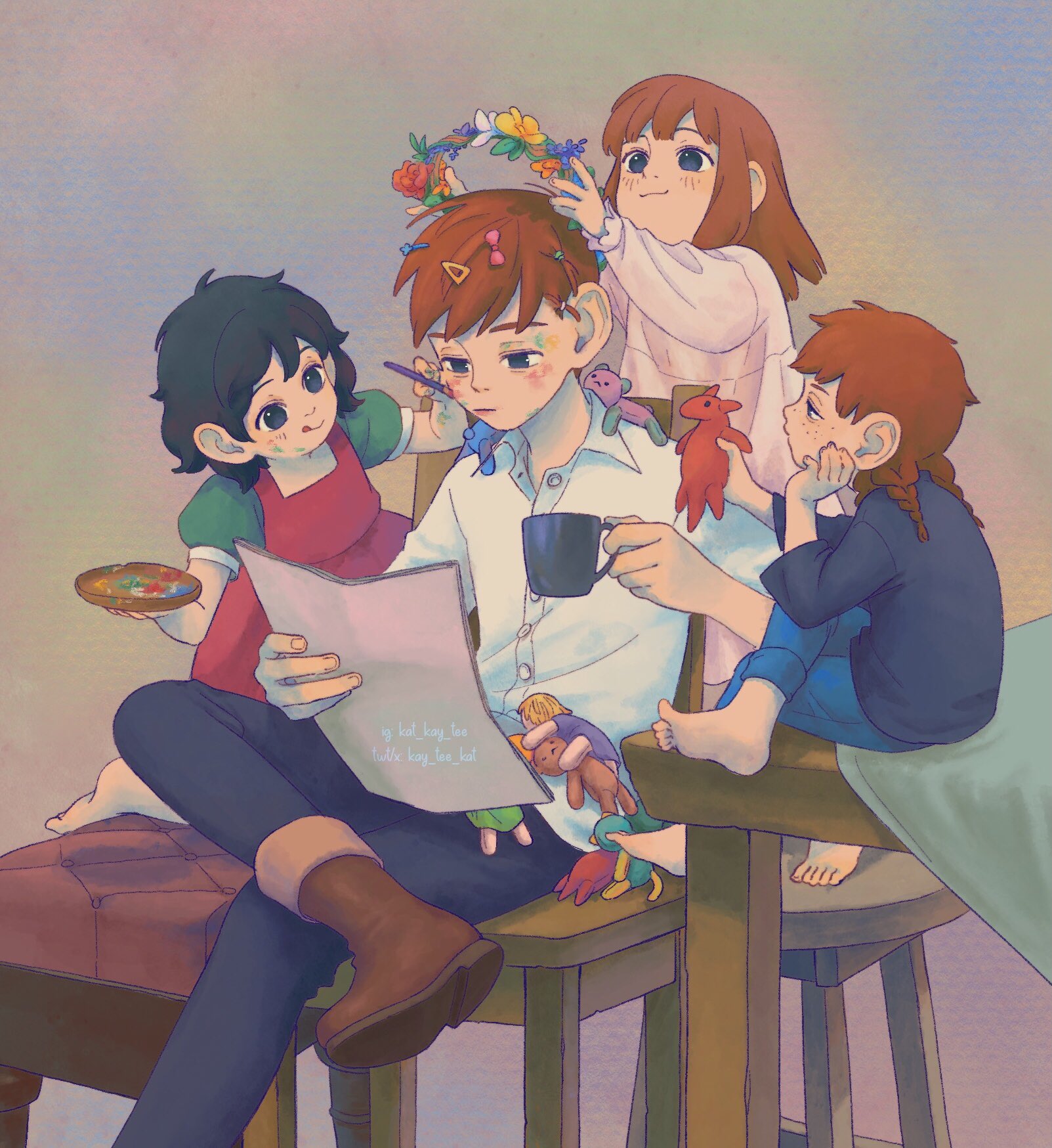 Safebooru - 1boy 3girls :3 :q applying makeup arms up barefoot black hair black pants black ...