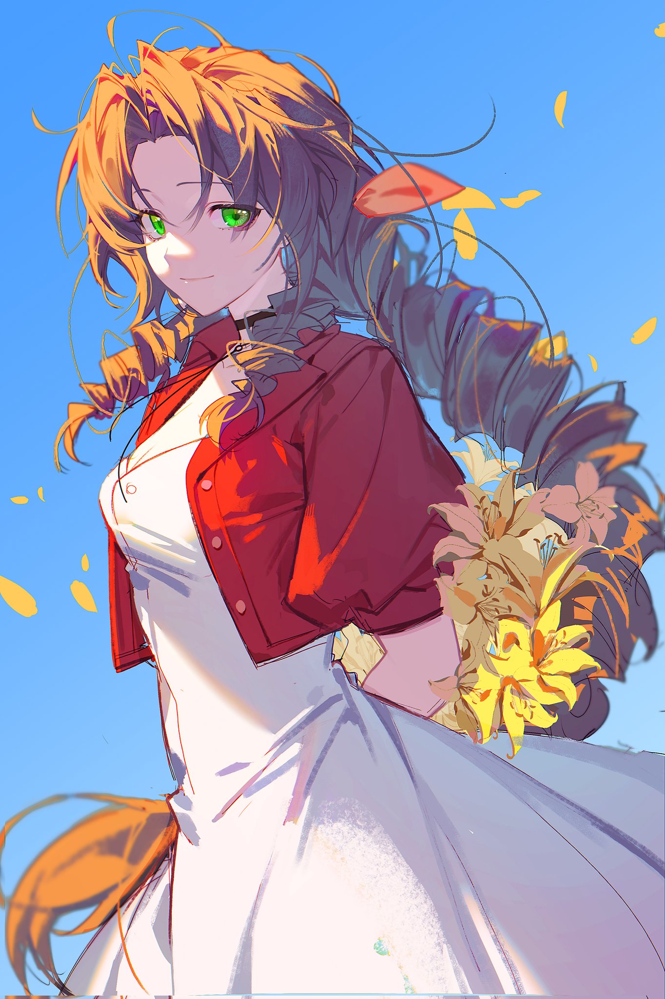 Safebooru - 1girl aerith gainsborough arms behind back black choker blue sky blurry bouquet ...