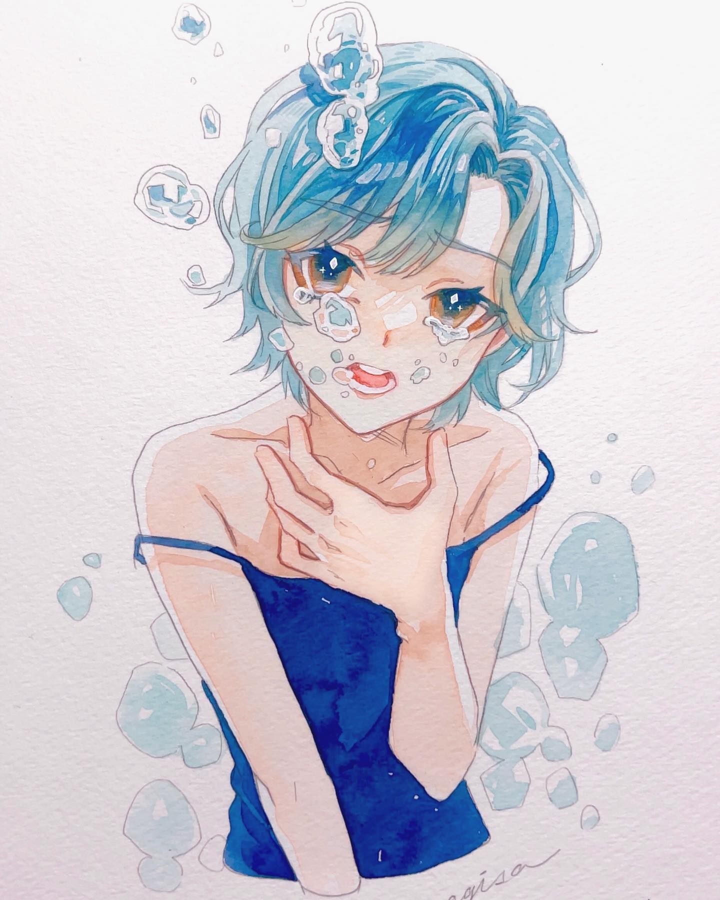 Safebooru - 1girl air bubble bare shoulders blue camisole blue hair brown eyes bubble camisole ...