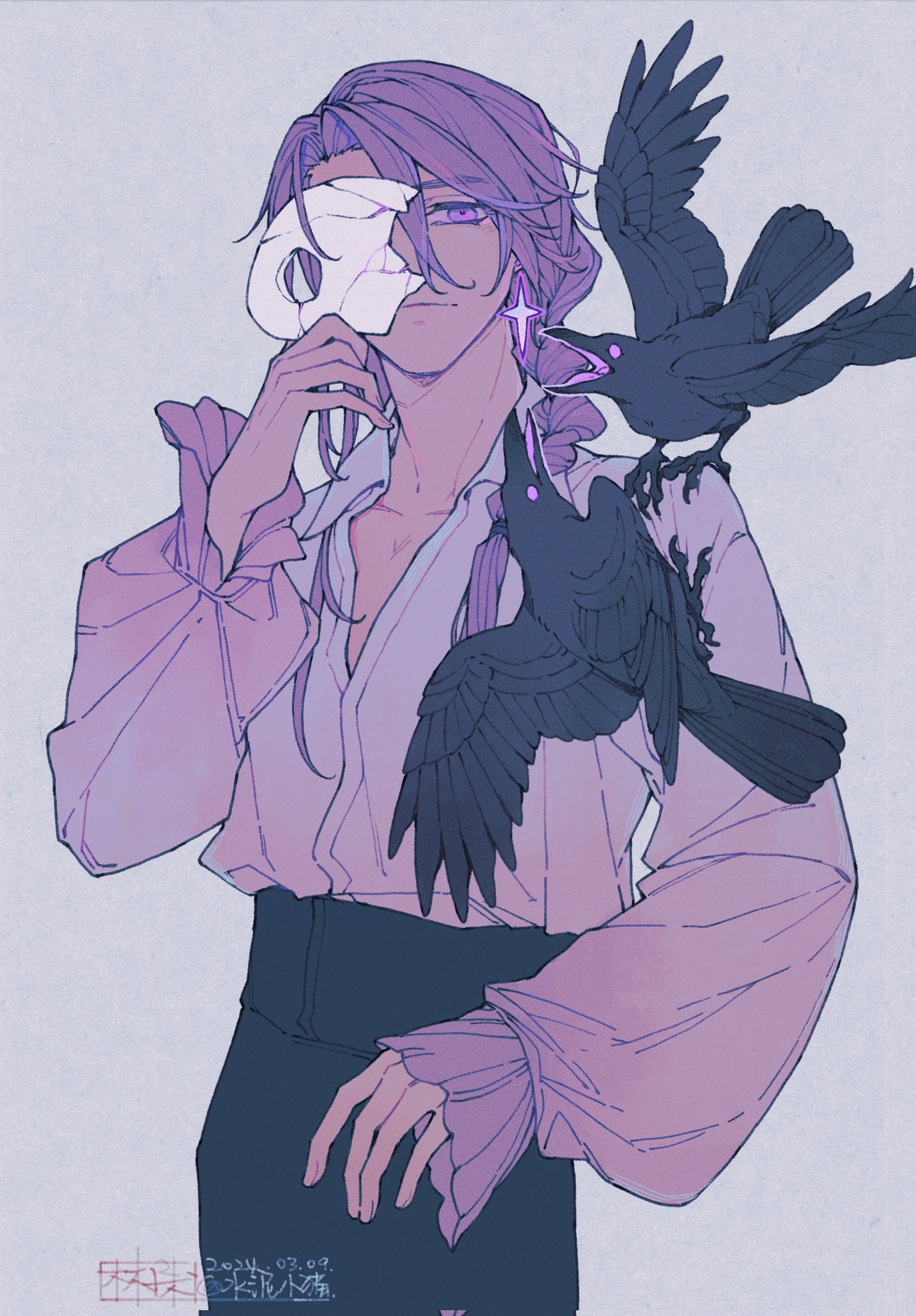 Safebooru - 1boy alternate costume animal animal on shoulder artist name bird bird on shoulder ...