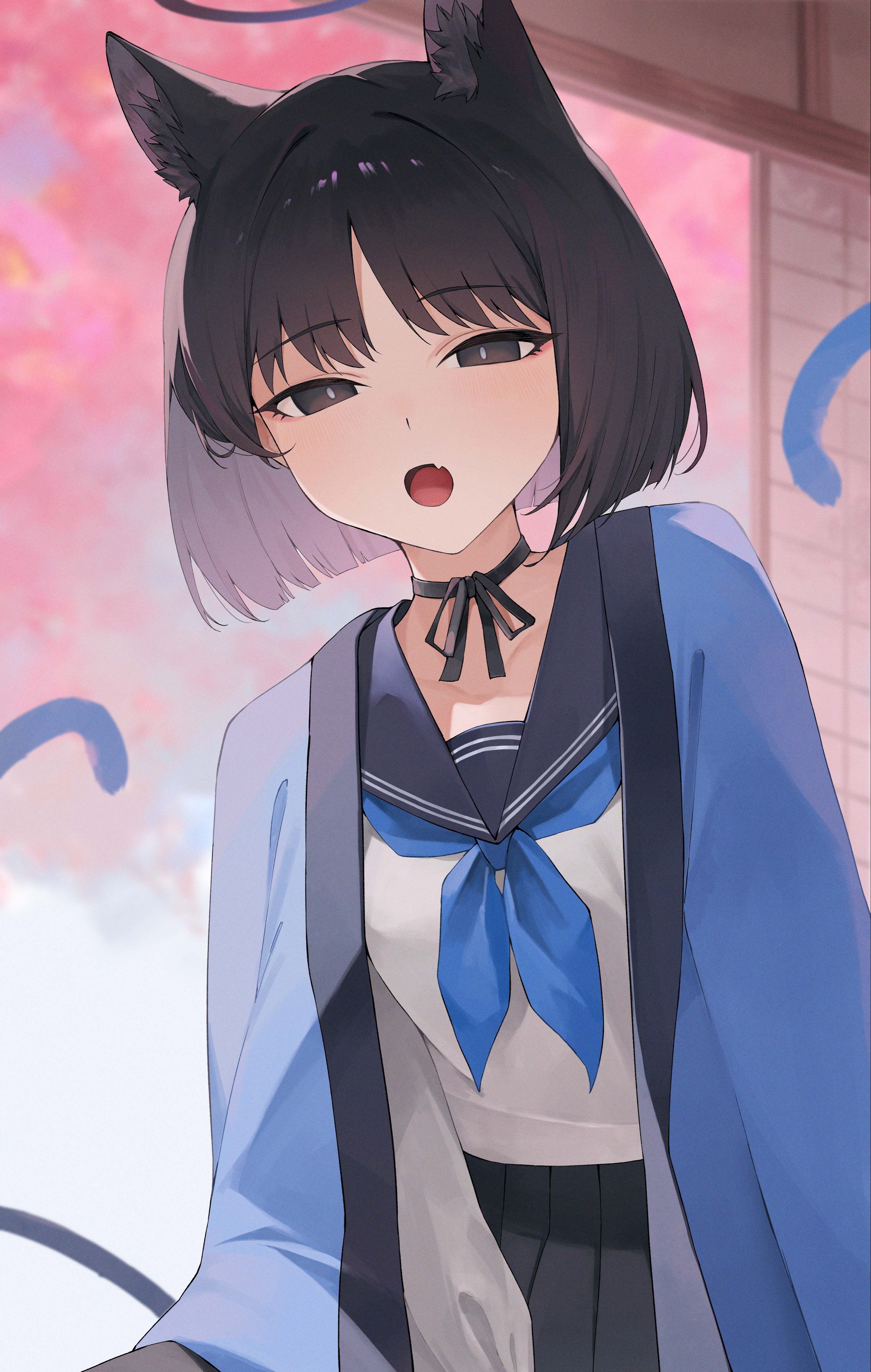 Safebooru - 1girl :o absurdres animal ears black eyes black hair black ribbon black skirt blue ...