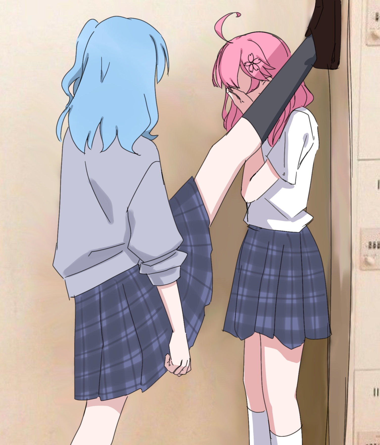 Safebooru - 2girls ahoge alternate costume black socks blue hair commentary covering face feet ...