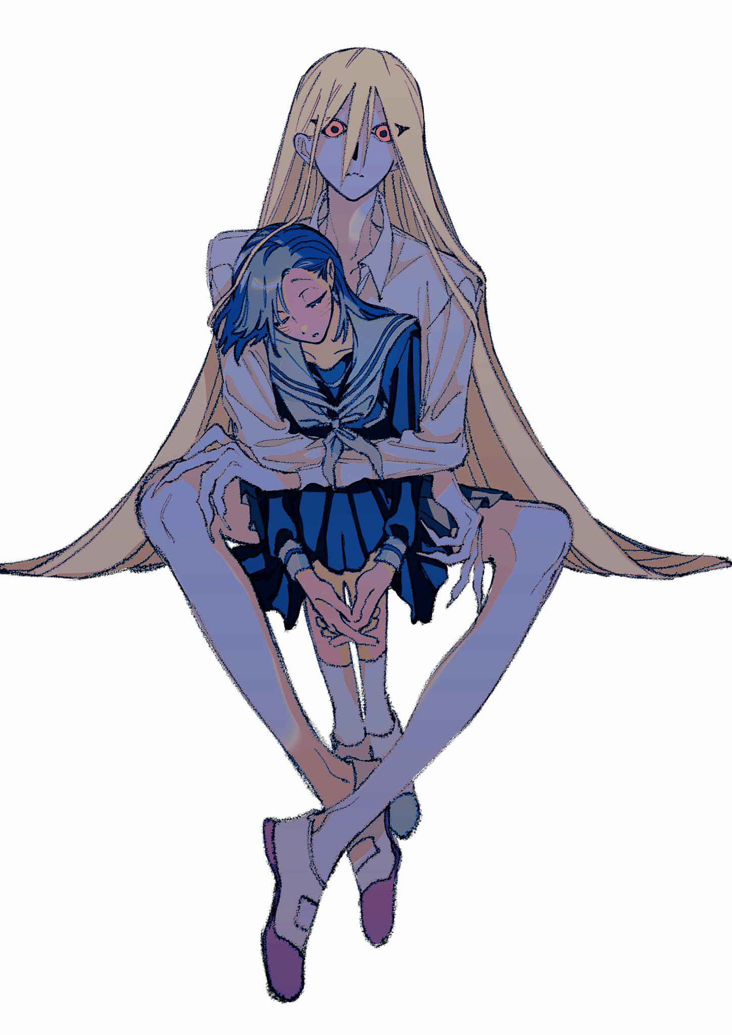 Safebooru - 2girls blonde hair blue hair blue sailor collar blue serafuku blue shirt blue skirt ...