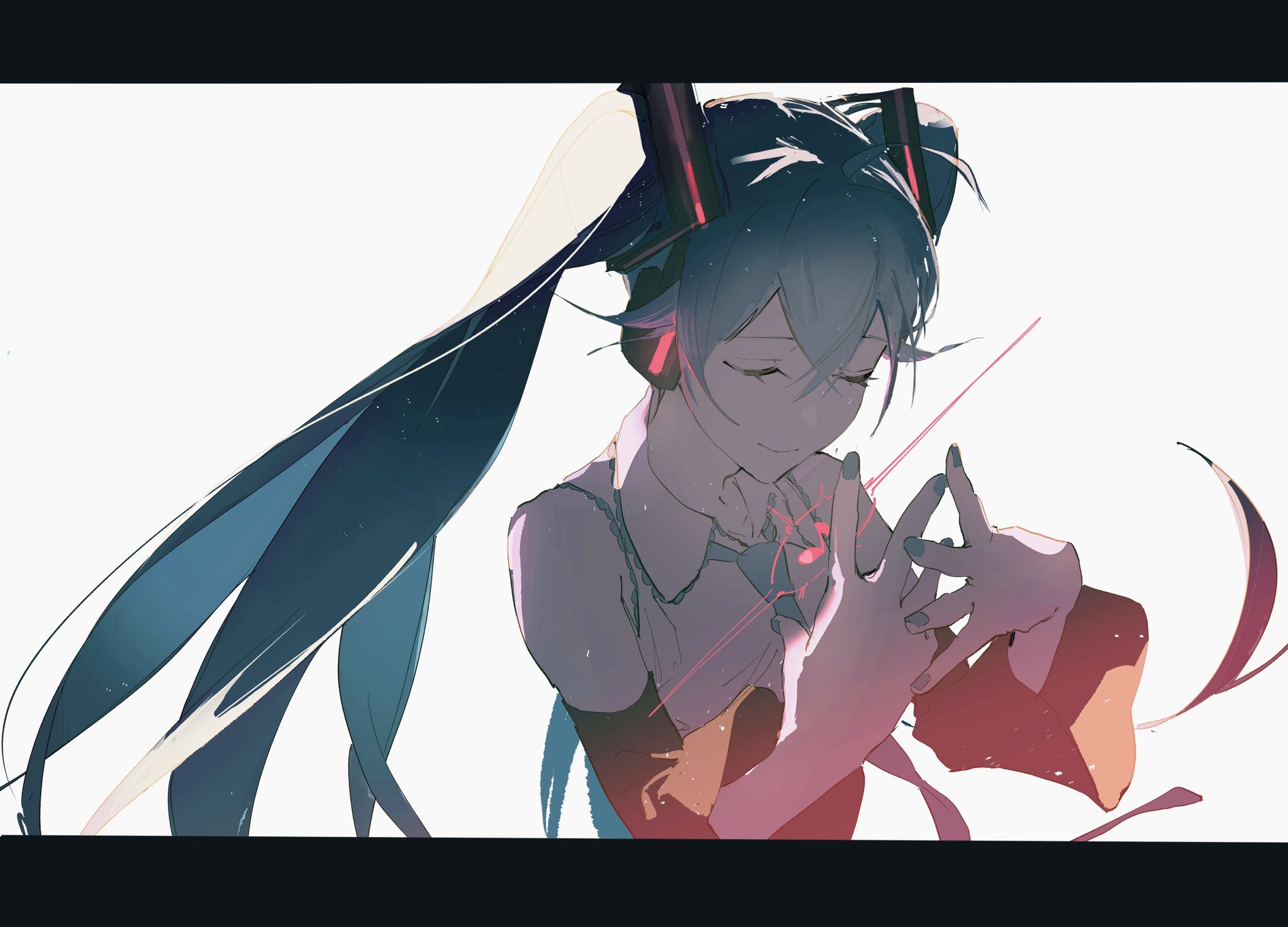 Safebooru - 1girl aqua hair aqua nails aqua necktie aqua trim bare shoulders black background ...